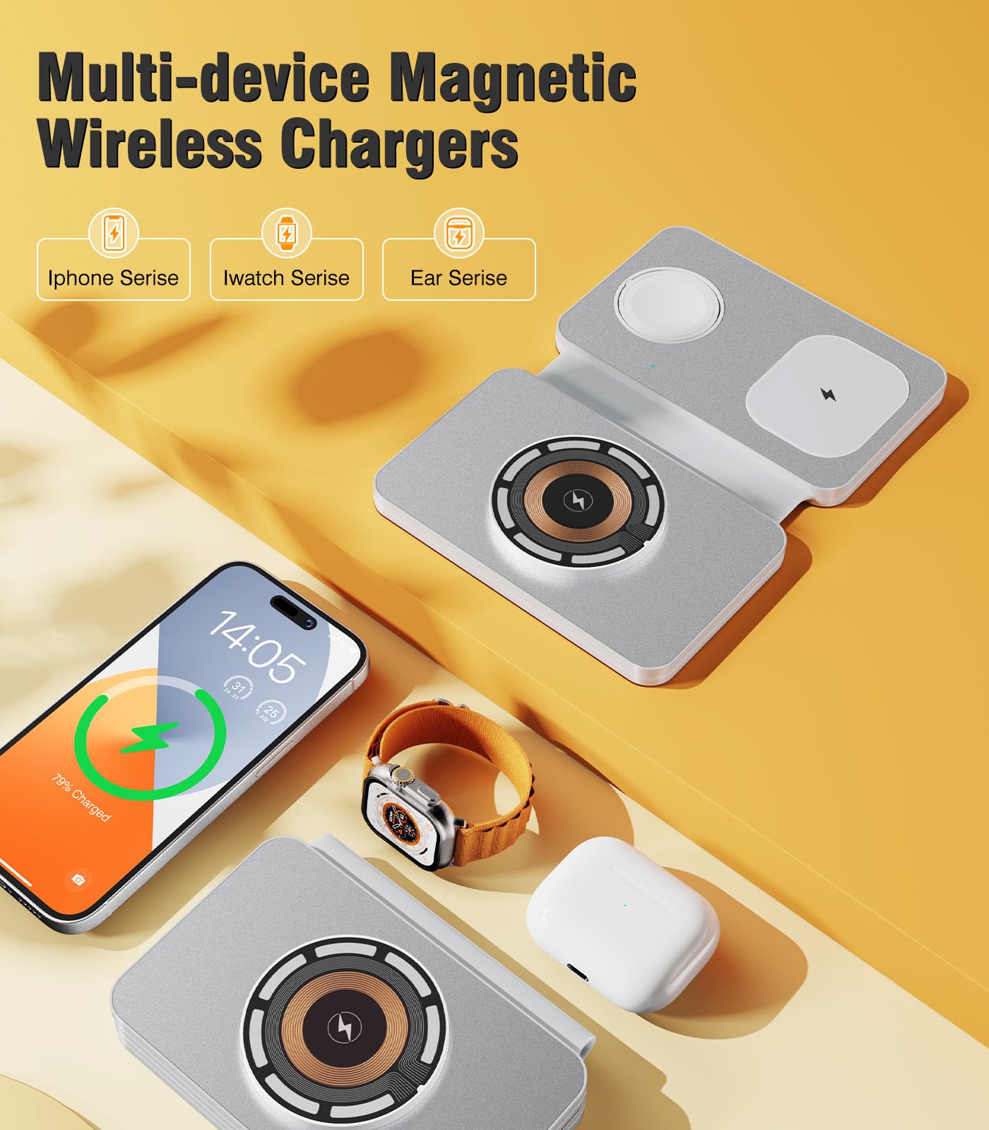 3 in 1 Charging Station for Apple Devices,21W Mag-Safe Wireless Charger,Foldable Travel Charger for Multiple Devices for iPhone15-12Series, AirPods and iWatch Series(Adapter and Travel Case Included)