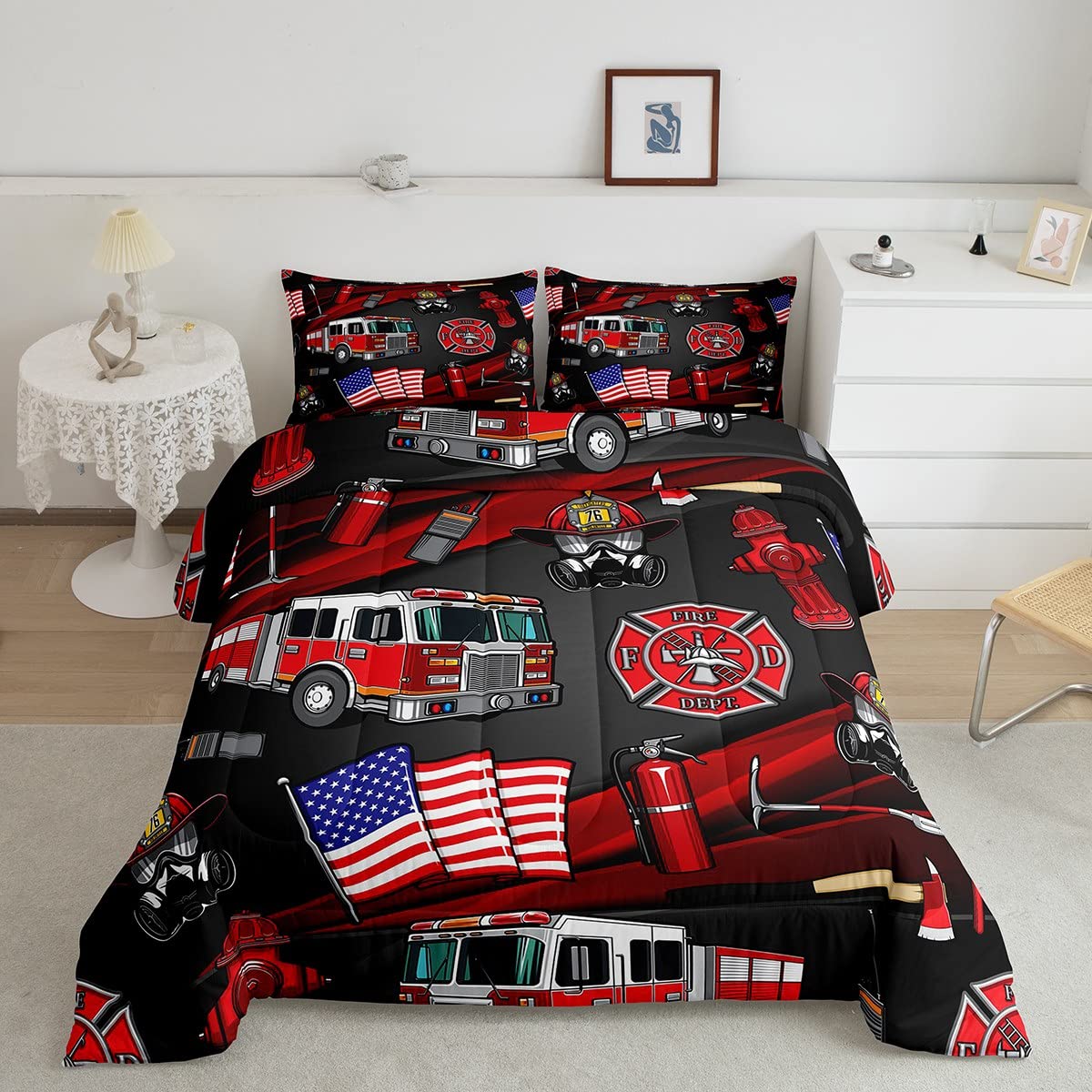 American Flag Comforter Set Queen Size,Cartoon Fire Truck Bedding Set 3pcs for Kids Teen Girls Boys Room Decor, Fire Fighting Supplies Quilt Set Fire Extinguisher Duvet Insert with 2 Pillowcases