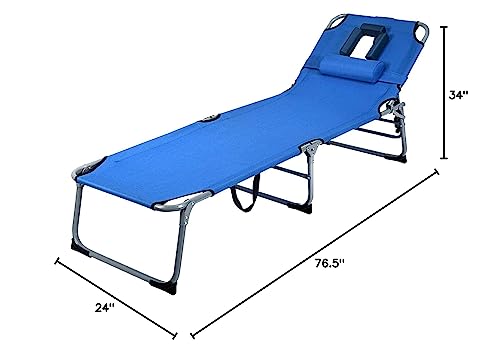 BANGTANE Tanning Chair, Lounge Chair for Outside, Portable Folding Beach Lounger w/ 5 Backrest Positions, Face Hole & Removable Pillow, 331LBS, Ideal for Poolside, Beach, Garden (Blue)