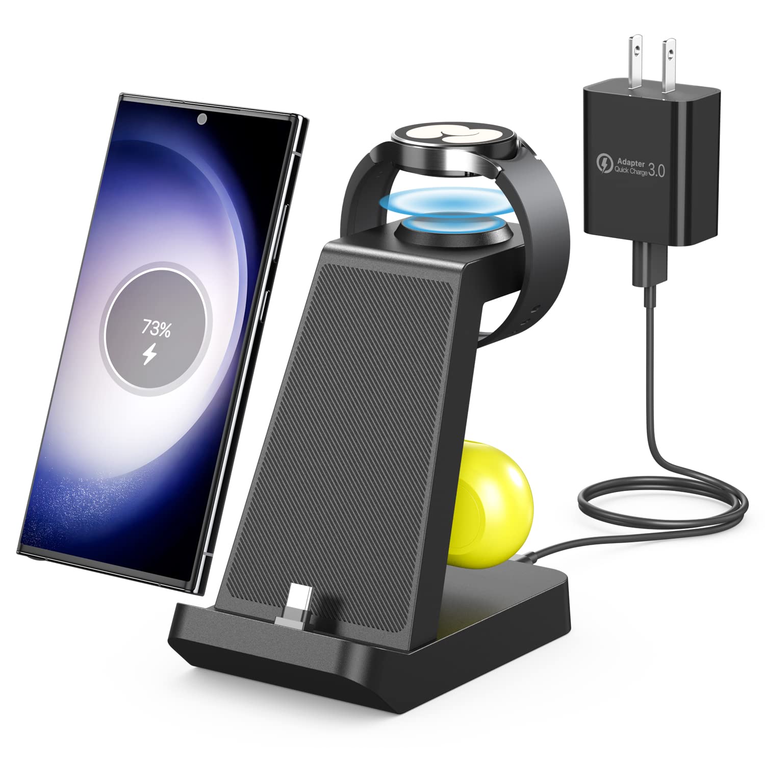 3 in 1 Charging Station for Samsung Multiple Devices, Fast Wireless Charger for Galaxy Watch 5 Pro/4/3, Charging Dock with 18W Adapter for Samsung Galaxy S23/S22/S21/Note20/Z Flip/Z Fold, Galaxy Buds