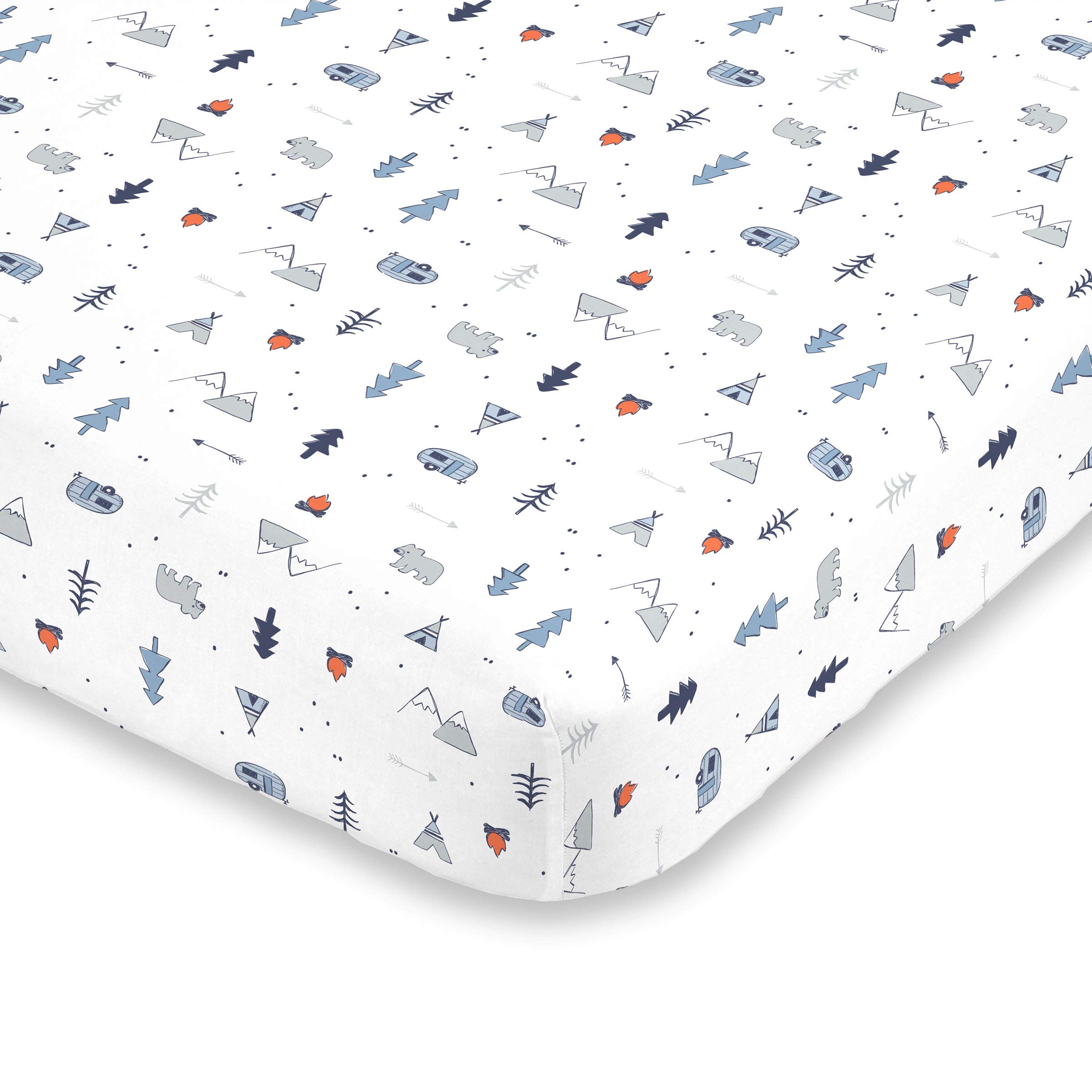 Explore Baby Bear 4 Piece Navy, Grey, Light Blue, Orange Nursery Crib Bedding Set - Comforter, 100% Cotton Crib Sheet, Dust Ruffle, Changing Pad Cover