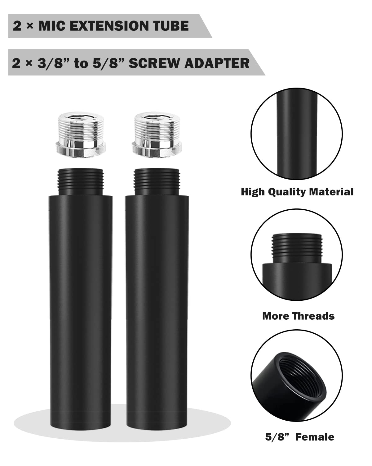 Boseen Mic Stand Extension Tube, 5/8" Female to 5/8" Male Microphone Extension Pipe Microphone Stand Extender with 2 Screw Aadpters for Desk Boom Arm Stands, 2Pcs