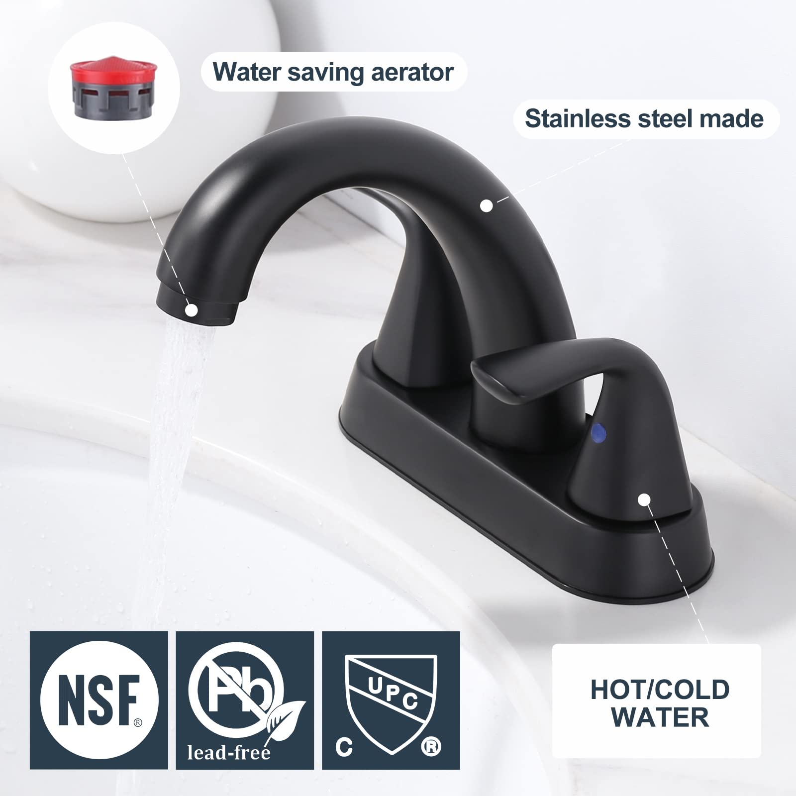 Aleasha 4 inch Centerset Bathroom Faucet Matte Black Bathroom Faucet with 2 Handles, Bathroom Sink Faucet 3 Hole for Restroom Vanity RV Bathroom