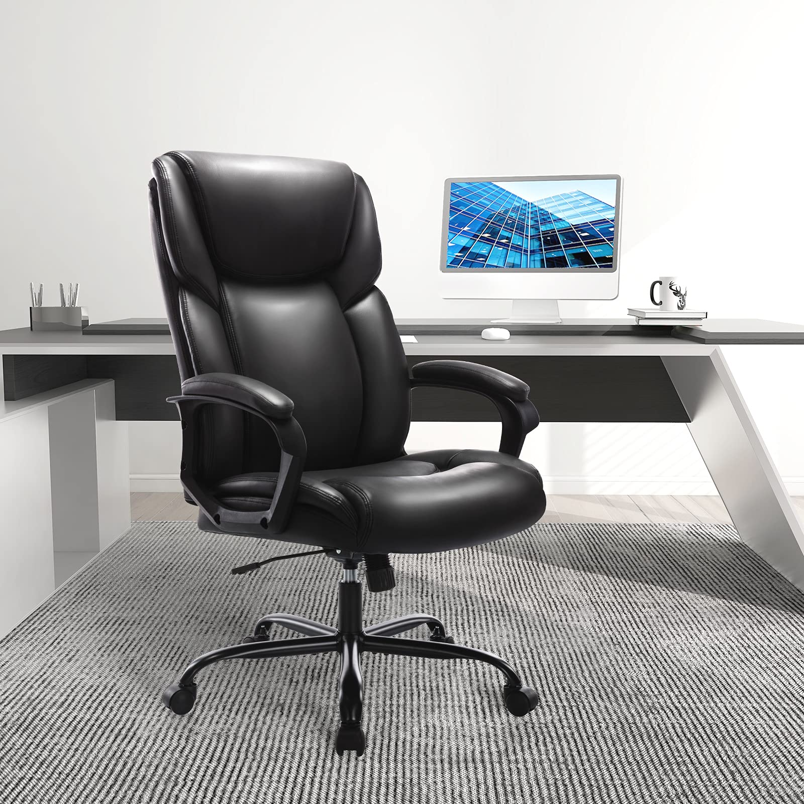 Executive Office Desk Chair High Back Adjustable Ergonomic Managerial Rolling Swivel Task Chair Computer PU Leather Home Office Desk Chairs with Lumbar Support, Black