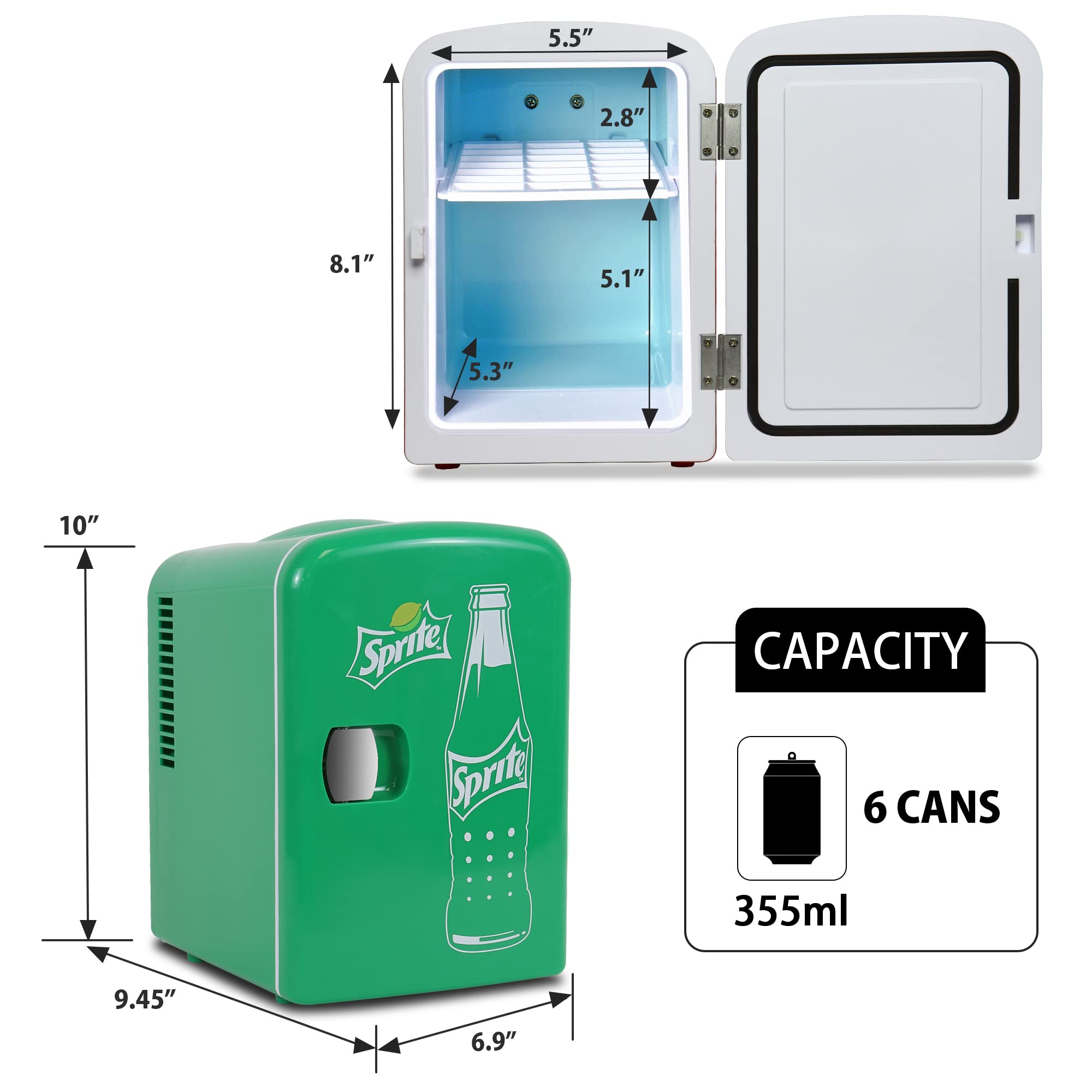 Sprite 4L Mini Fridge 6 Can Portable Cooler Warmer Personal Travel Refrigerator for bedroom skincare room car Office makeup Cosmetics beverage Snacks Lunch Drinks Cords Desk Home Dorm Green