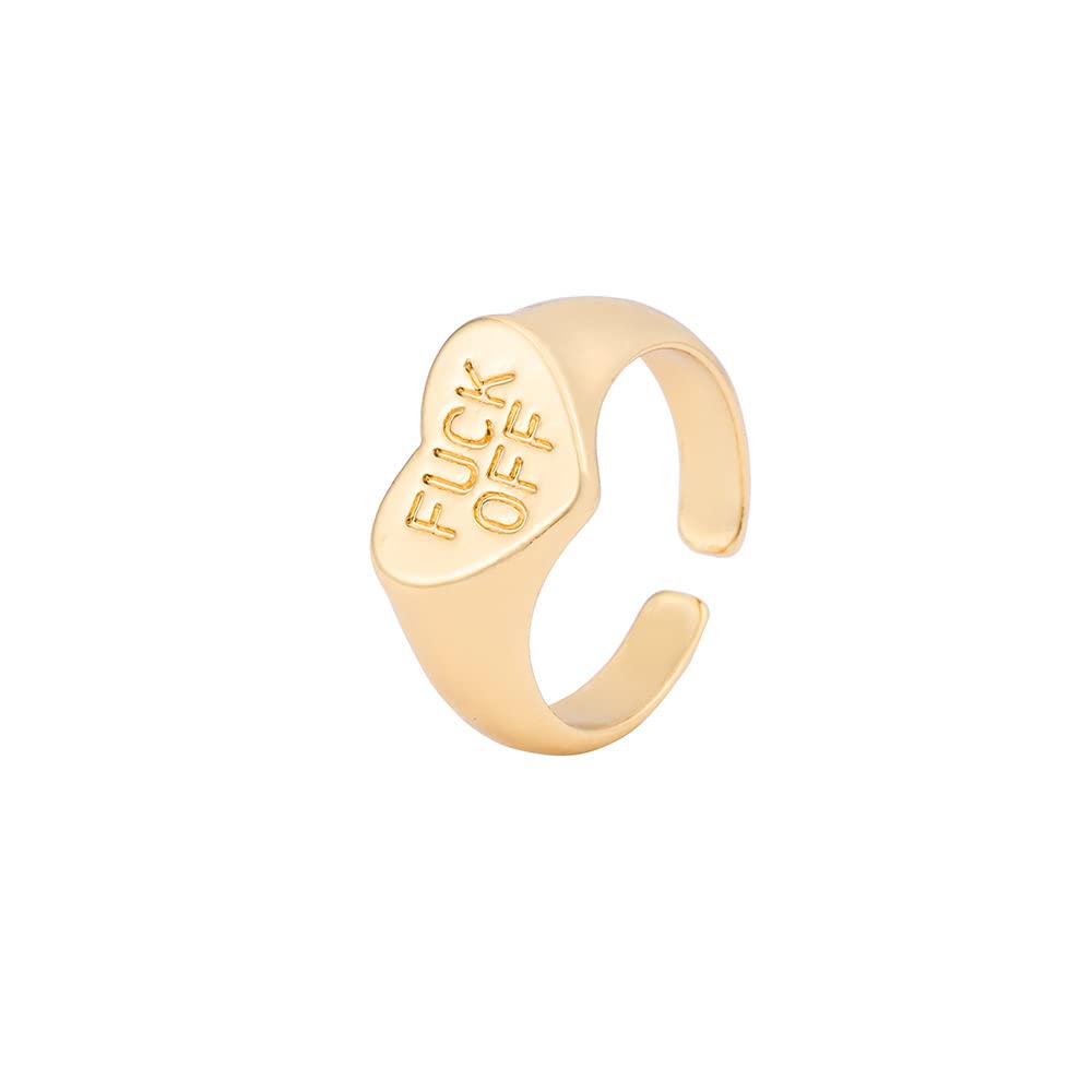 2Pcs Personalized FUCK OFF Words Heart Band Ring for Women Girls Vintage Cool Open Adjustable Stacking Knuckle Ring Hip Hop Style