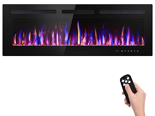 BETELNUT Electric Fireplace 50IN Wall Mounted and Recessed with Remote Control, 750/1500W Ultra-Thin Wall Fireplace Heater W/Timer Adjustable Flame Color and Brightness, Log Set & Crystal Options