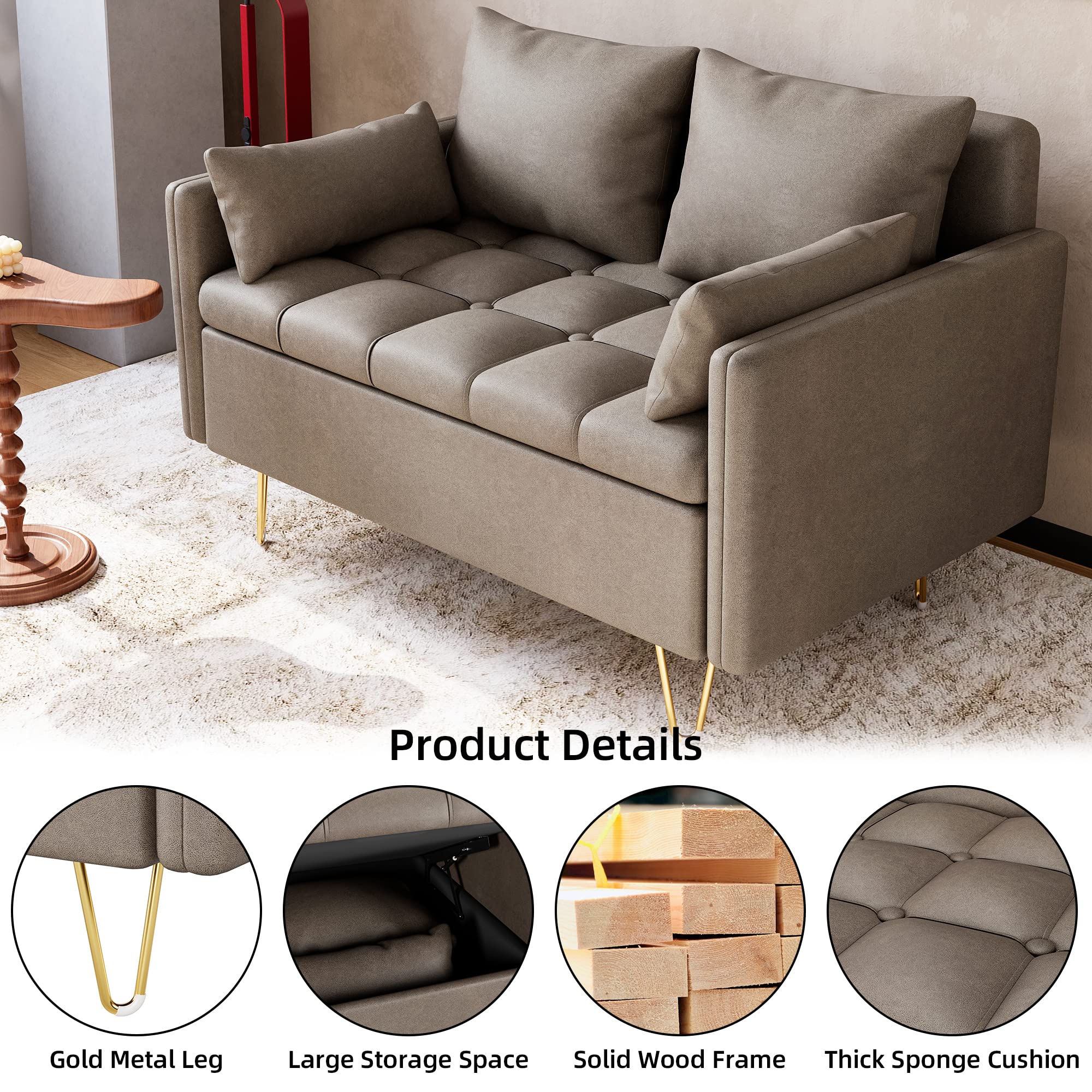 44.5 Inch Small Modern Loveseat Sofa Couch with Storage Under Seat Cushion, Comfy Leather Fabric 2-Seat Sofa with 4 Pillows,Memory Foam, for Small Spaces, Living Room, Bedroom, Dark Brown