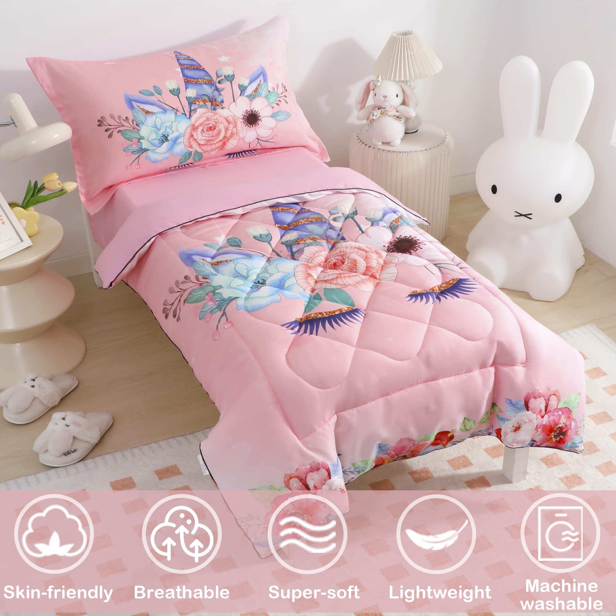 4 Piece Toddler Bedding Set for Boys Girls Outer Space Blue Rocket Planet Stars Toddler Comforter Set for Kids Bed-in-a-Bag Bedspreads Quilt Set with Comforter, Flat Sheet, Fitted Sheet, Pillowcase