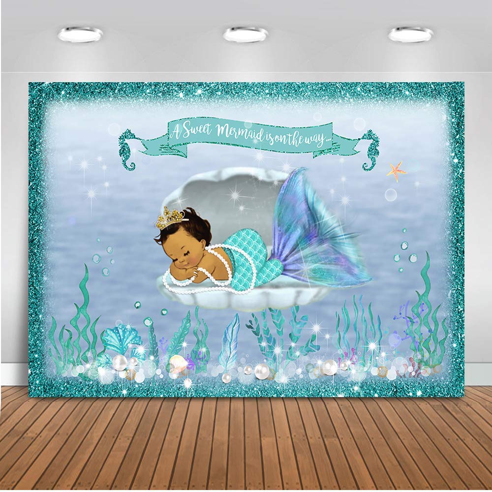 Mocsicka Mermaid Baby Shower Backdrop Under Sea Mermaid Photography Background 7x5ft Vinyl Little Mermaid Baby Shower Party Banner Backdrops