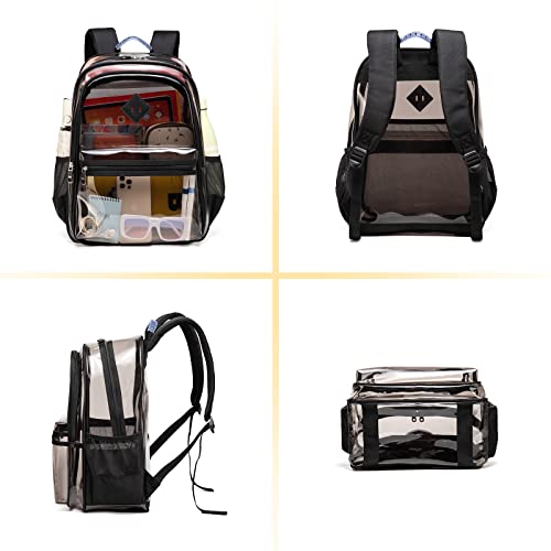 ASKSKY Clear Backpack Stadium Approved, Thriple Compartments Book Bag Heavy Duty Black PVC See Through Backpack for School for College Travel Work Festival, Black and Grey