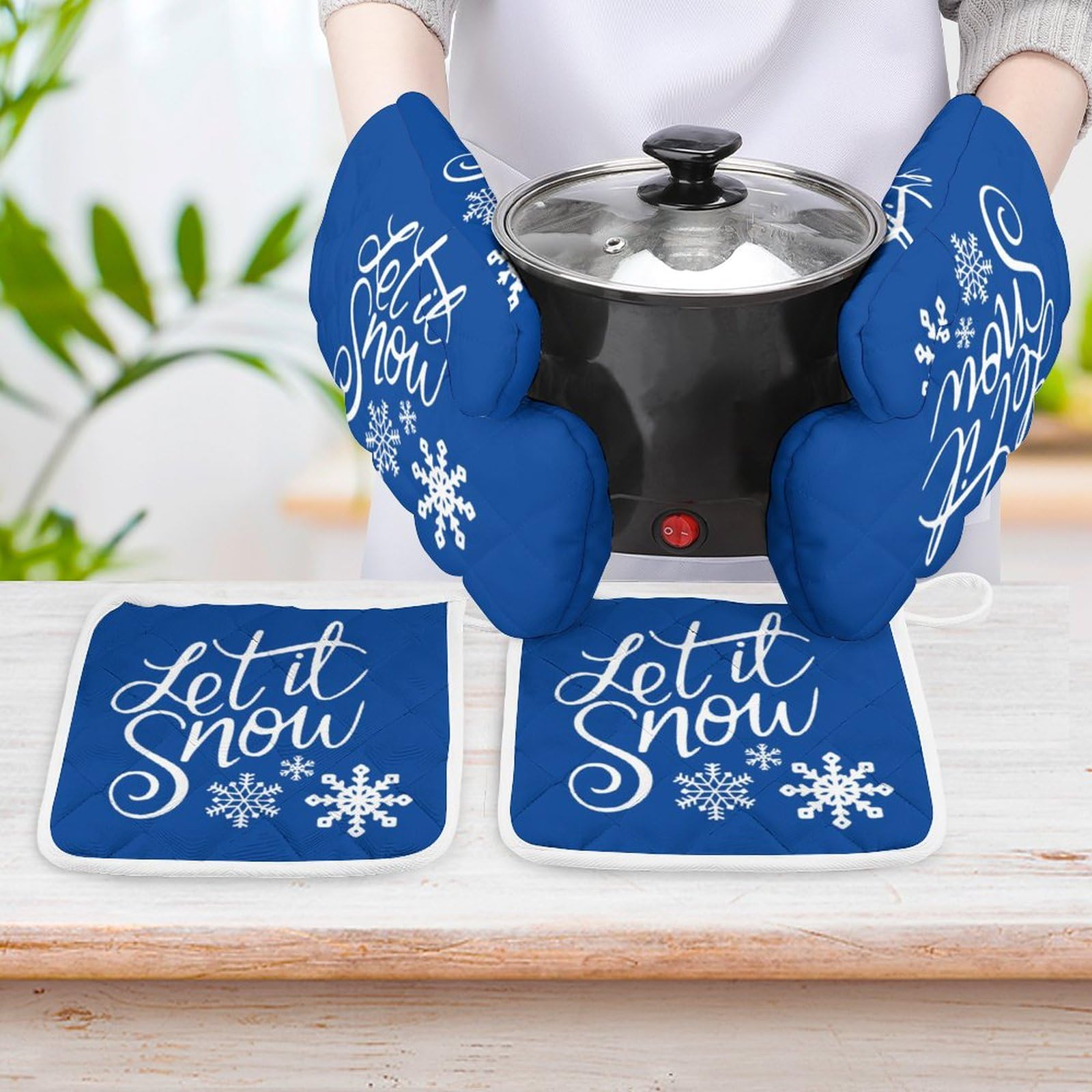 4PCS Oven Mitts and Pot Holders Sets, Blue and White Christmas Snowflake Oven Mitts Set Heat Resistant Kitchen Microwave Gloves Safe for Baking,Cooking, BBQ