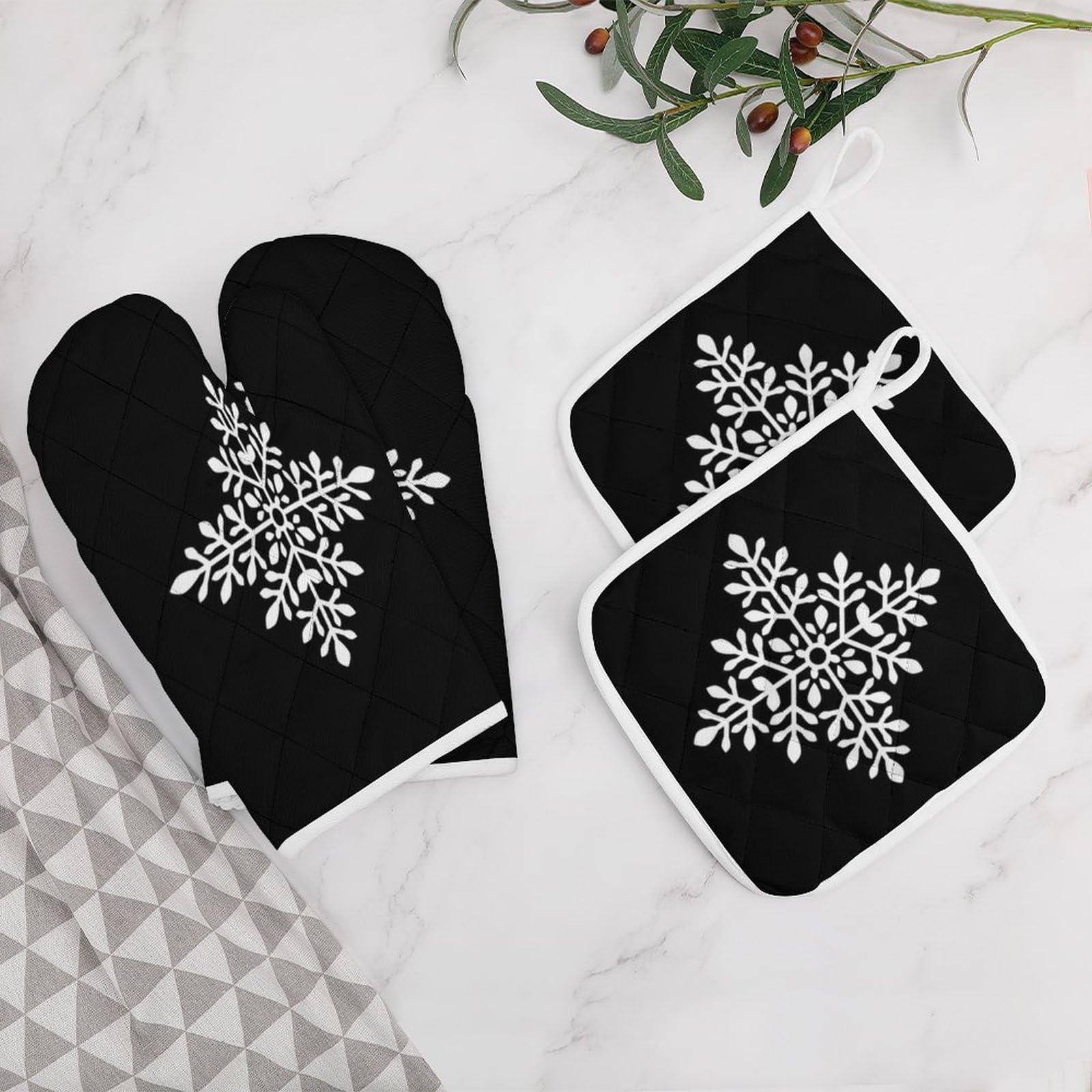 4PCS Oven Mitts and Pot Holders Sets, White Christmas Snowflake Black Oven Mitts Set Heat Resistant Kitchen Microwave Gloves Safe for Baking,Cooking, BBQ