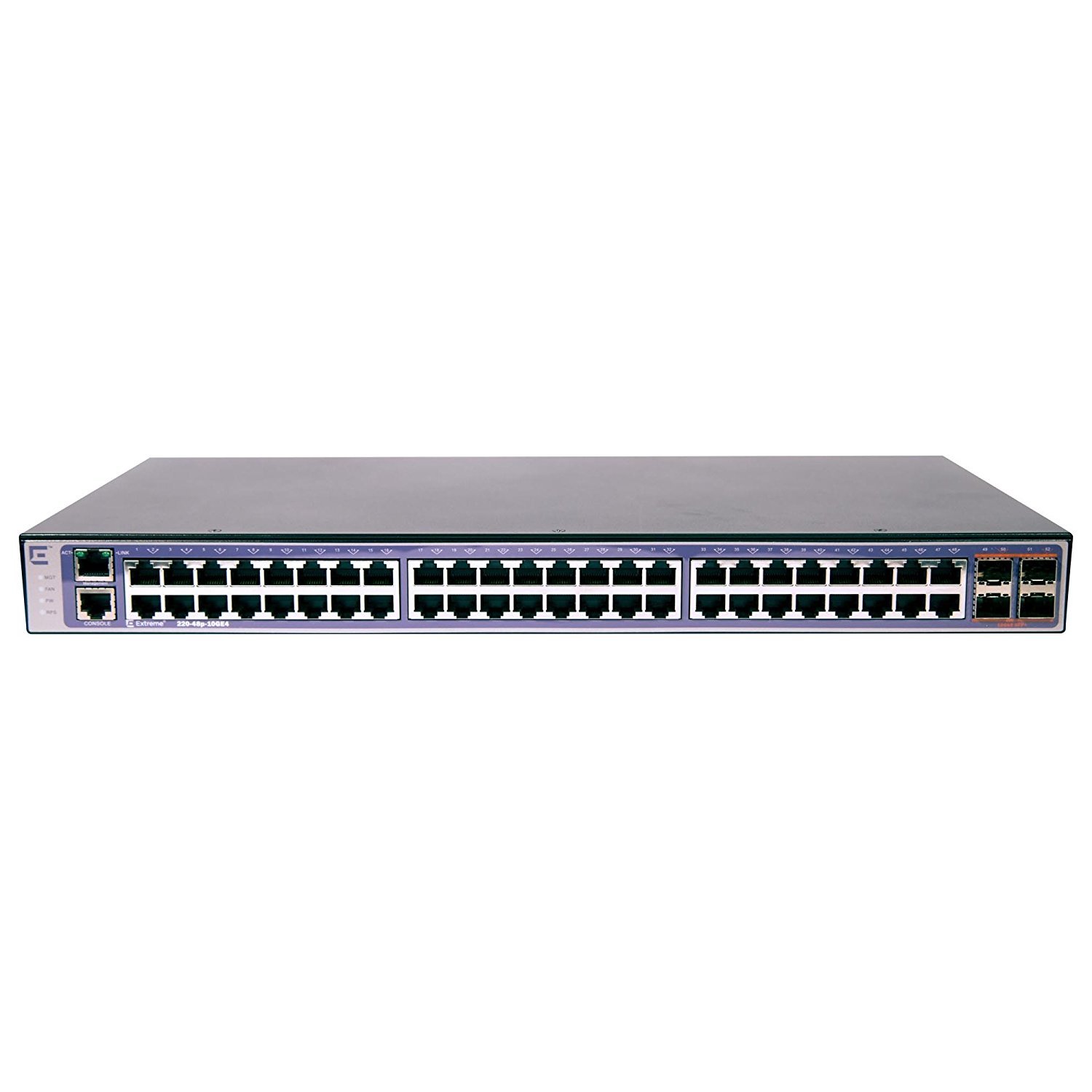 Extreme Networks - 220-Series 48 Port 10/100/1000BASE-T PoE+ 4 10GbE unpopulated SFP+ Ports (2 LRM Capable) 1 Fixed AC PSU 1 RPS Port L2 Switching with RIP and Static Routes