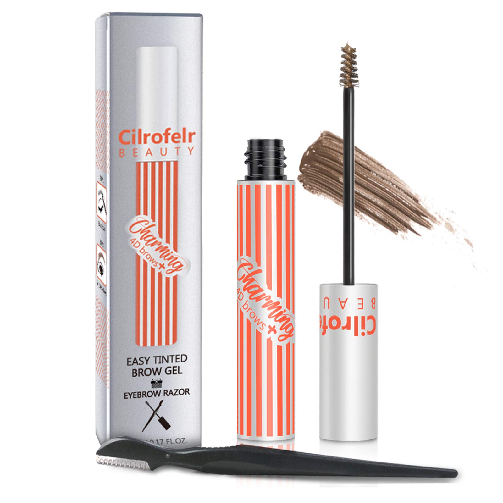 4D Charming Tinted Eyebrow Gel, Cilrofelr Waterproof Eyebrow Gel with Spoolie Brush & Eyebrow Razor, Long Lasting, Non-Sticky, For Natural Brow Looking, Cruelty Free & Paraben Free, Medium Brown, 5.0g