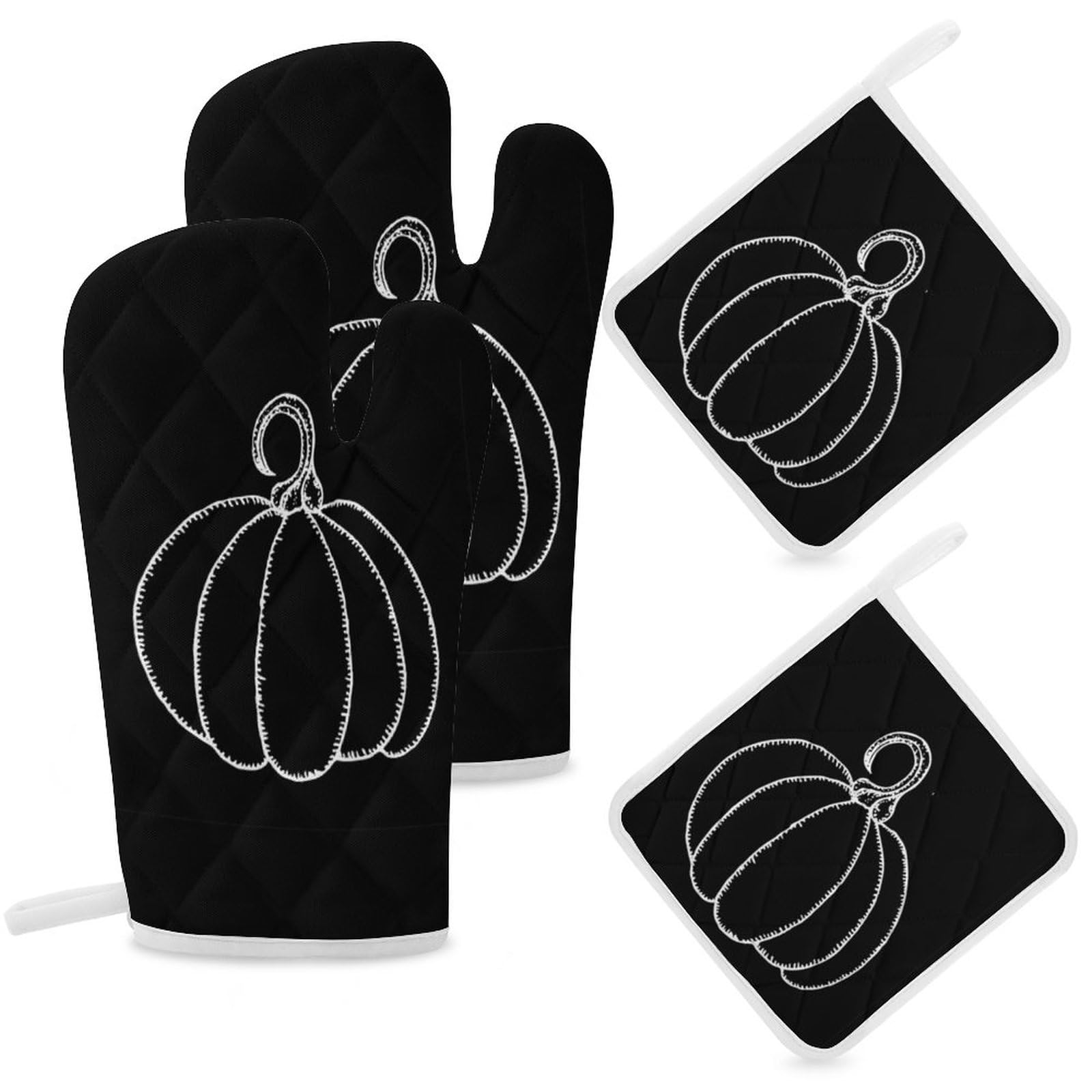 4PCS Oven Mitts and Pot Holders Sets, Happy Halloween Pumpkin Black Oven Mitts Set Heat Resistant Kitchen Microwave Gloves Safe for Baking,Cooking, BBQ