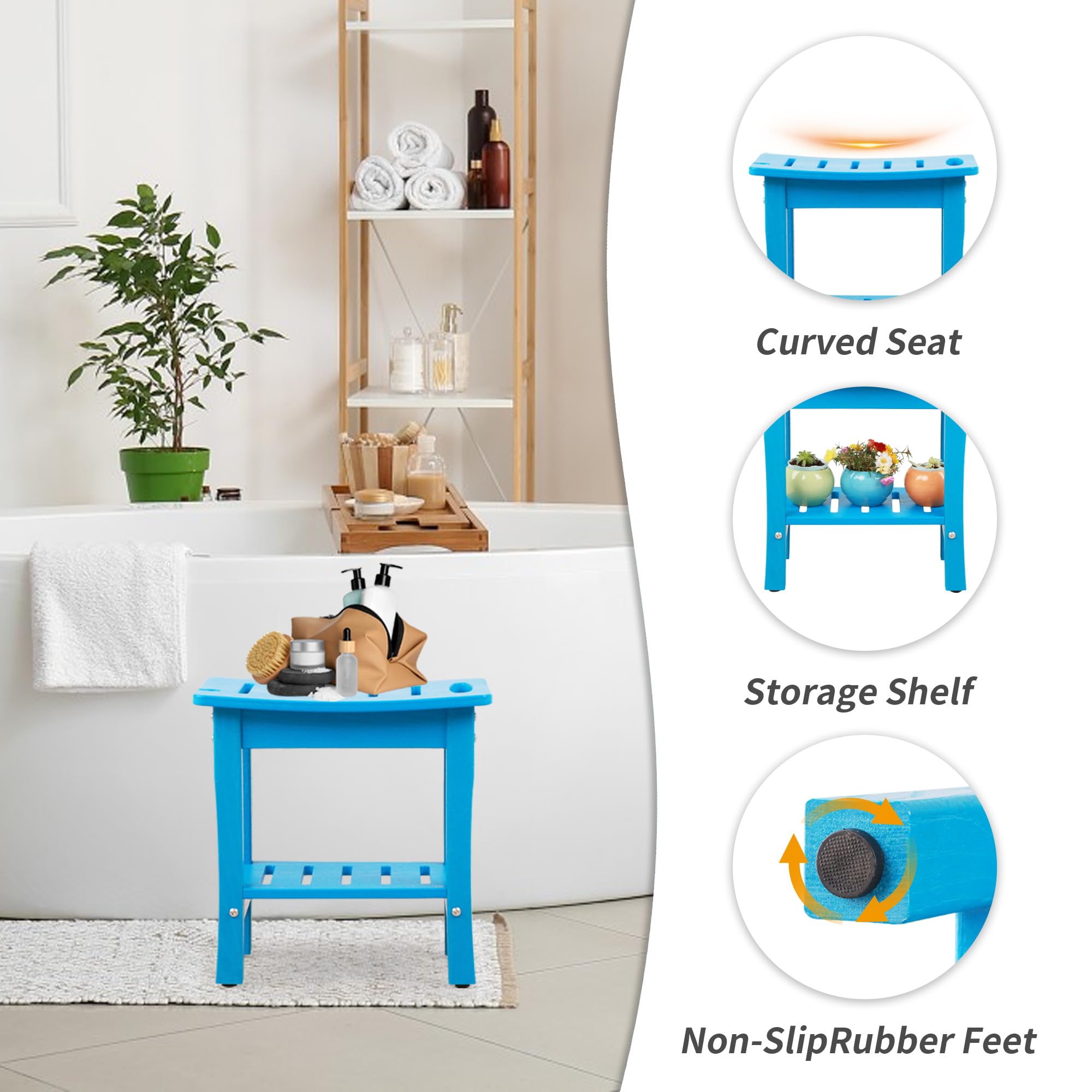ISYIESA Shower Bench and Stool for Bathrooms: Waterproof, Non-Slip, and Rot-Resistant. Crafted from Plastic Composite HDPE,Equipped with Adjustable Legs and a Shaving Shelf(Pacific Blue)