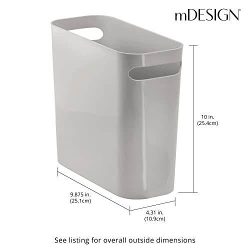 mDesign Plastic Small Trash Can, 1.5 Gallon/5.7-Liter Wastebasket, Narrow Garbage Bin with Handles for Bathroom, Laundry, Home Office - Holds Waste, Recycling, 10" High, Aura Collection, 2 Pack, Gray