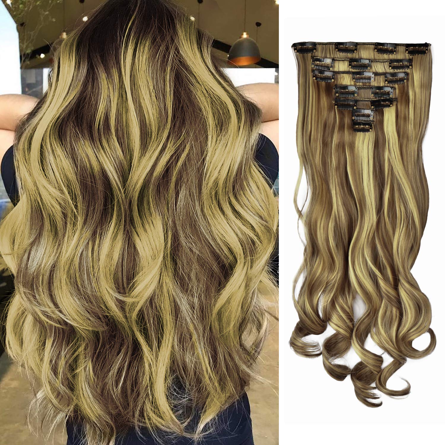FESHFEN Clip in Hair Extensions 7 PCS Blonde Highlighted Medium Brown Long Curly Wavy Synthetic Balayage Clip in Hair Extension Full Head Hairpiece for Women Girls, 20 inch