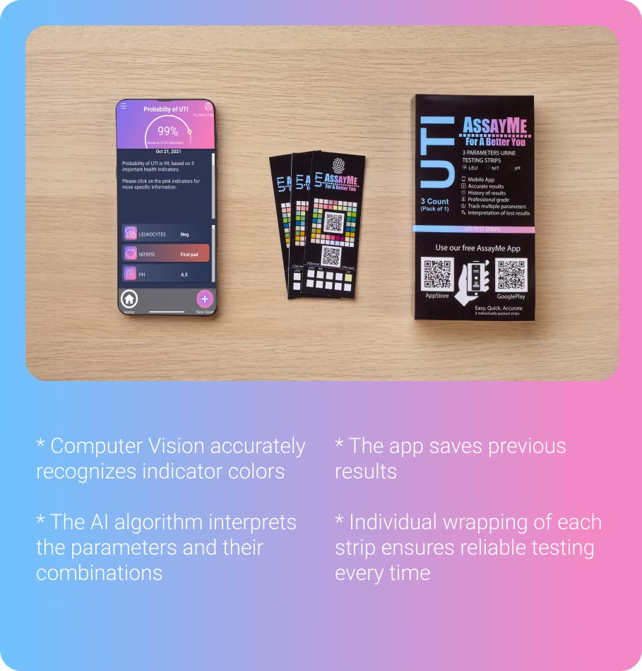 AssayMe UTI Test Strips | Accurate Urinalysis for UTI | Monitor Urinary Tract Infection | Home Test Kit for Men & Women | 3 Strips (LEU, NIT, pH) | Detect UTI