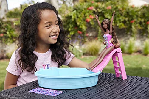 Barbie Doll and Pool Playset with Pink Slide, Beverage Accessories and Towel, Brunette Doll in Floral Swimsuit