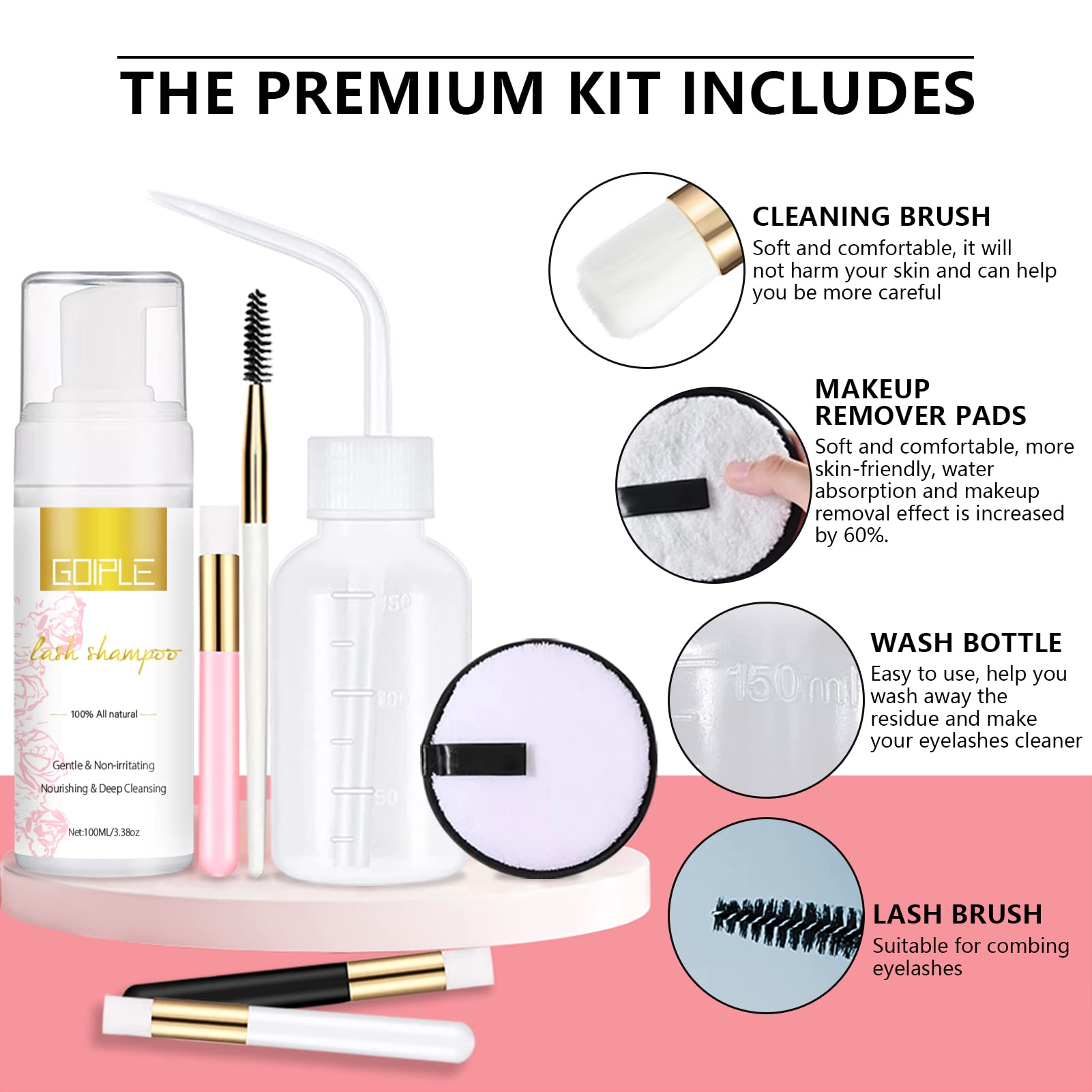 3.38OZ Eyelash Extension Cleanser Lash Mousse Lash Shampoo for Extensions, Natural Lashes Makeup & Mascara Remover Professional & Self Use with Cotton Puff Lash Cleanser 3.38Oz