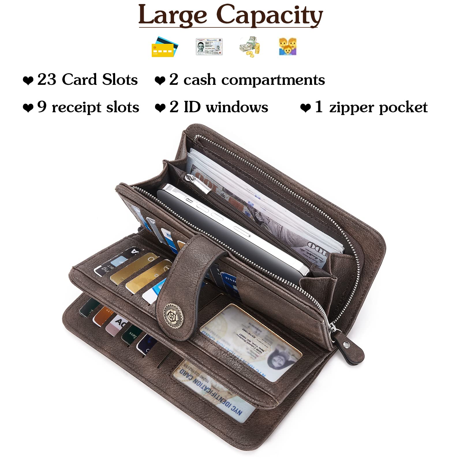 BOSTANTEN Womens Wallet Leather Large Capacity Wristlet Clutch Purse Credit Card Holder Coffee