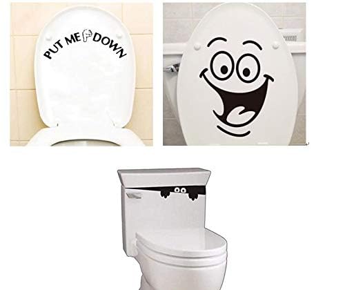 POPIGIST 3pcs Combo Washroom Room WC Toilet Seat Stickers Put ME Down Monster Smiley Face Wall Art Decal Sticker Funny Kids Potty Training