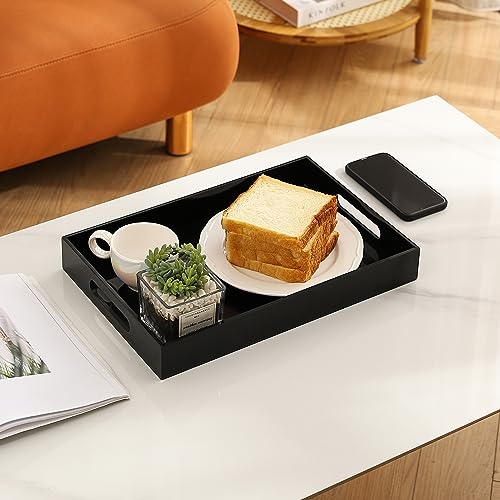BEYLANG Glossy Black Sturdy Acrylic Serving Tray with Handles-12x20Inch-Serving Coffee,Appetizer,Breakfast,Butler-Kitchen Countertop Tray-Makeup Drawer Organizer-Vanity Table,Ottoman Tray-Decorative