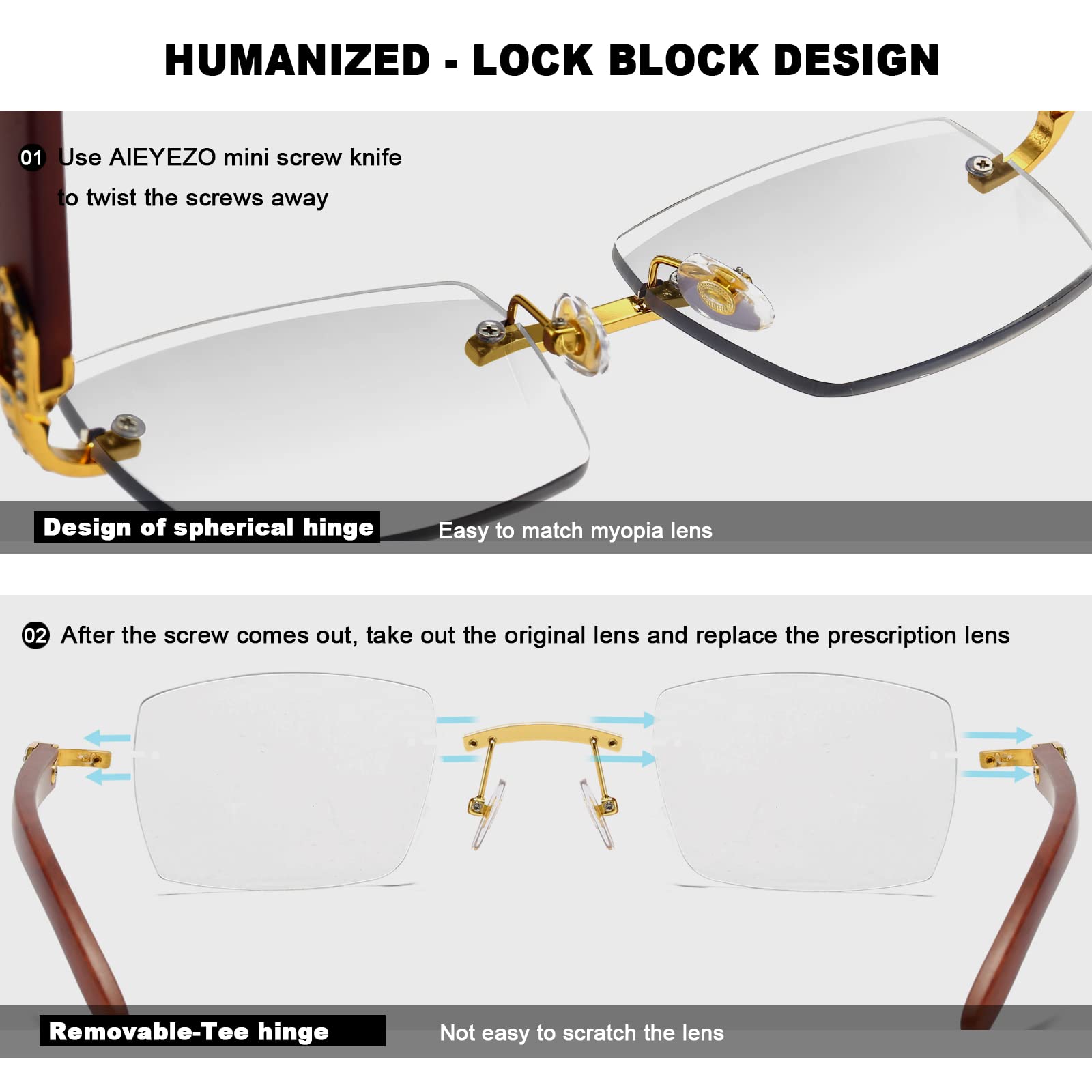 AIEYEZO Vintage Rimless Rectangle Sunglasses Fashion Crystal Diamond Sun Glasses Retro Square Frameless Eyewear (Gold/Transparent)