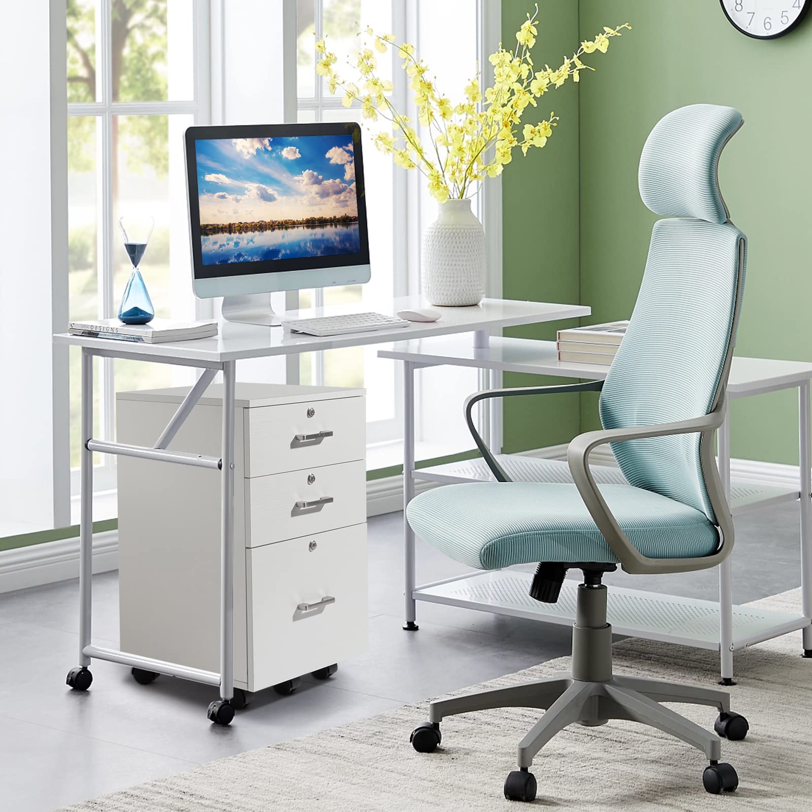 3 Drawer Rolling File Cabinet with Lock, Wood Under Desk Filing Cabinet fits Letter/Legal/A4 Size for Home Office,3-Drawer Mobile File Cabinet White 15.75" L x 15.75" W x 26.1" H