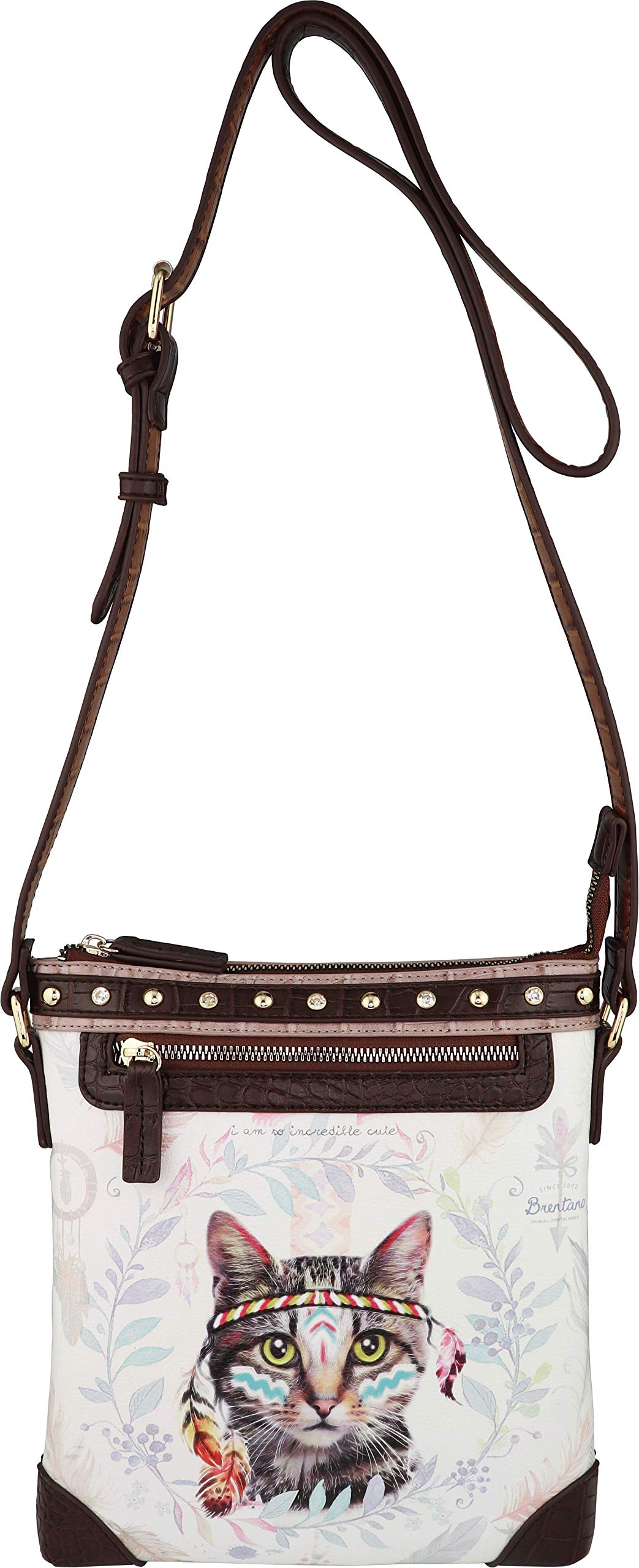 B BRENTANO Vegan Cute Animal Graphic Crossbody Bag Purse with Rhinestones and RFID Protection (Boho Feline RF)