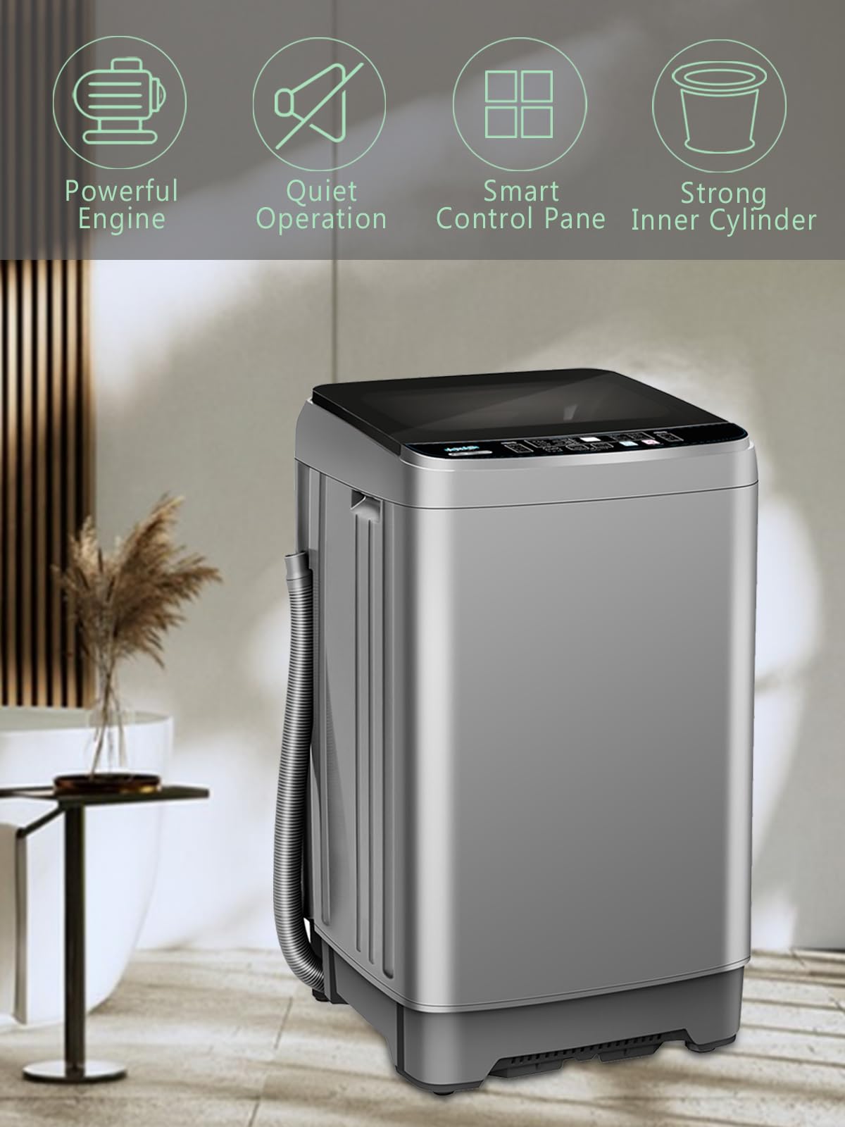 KRIB BLING 25 lbs Full Automatic Washing Machine with LED Display Compact Washing Machine with Drain Dump, 10 Wash Programs and 8 Water Levels Ideal for Dorms, Apartments, RV, Grey