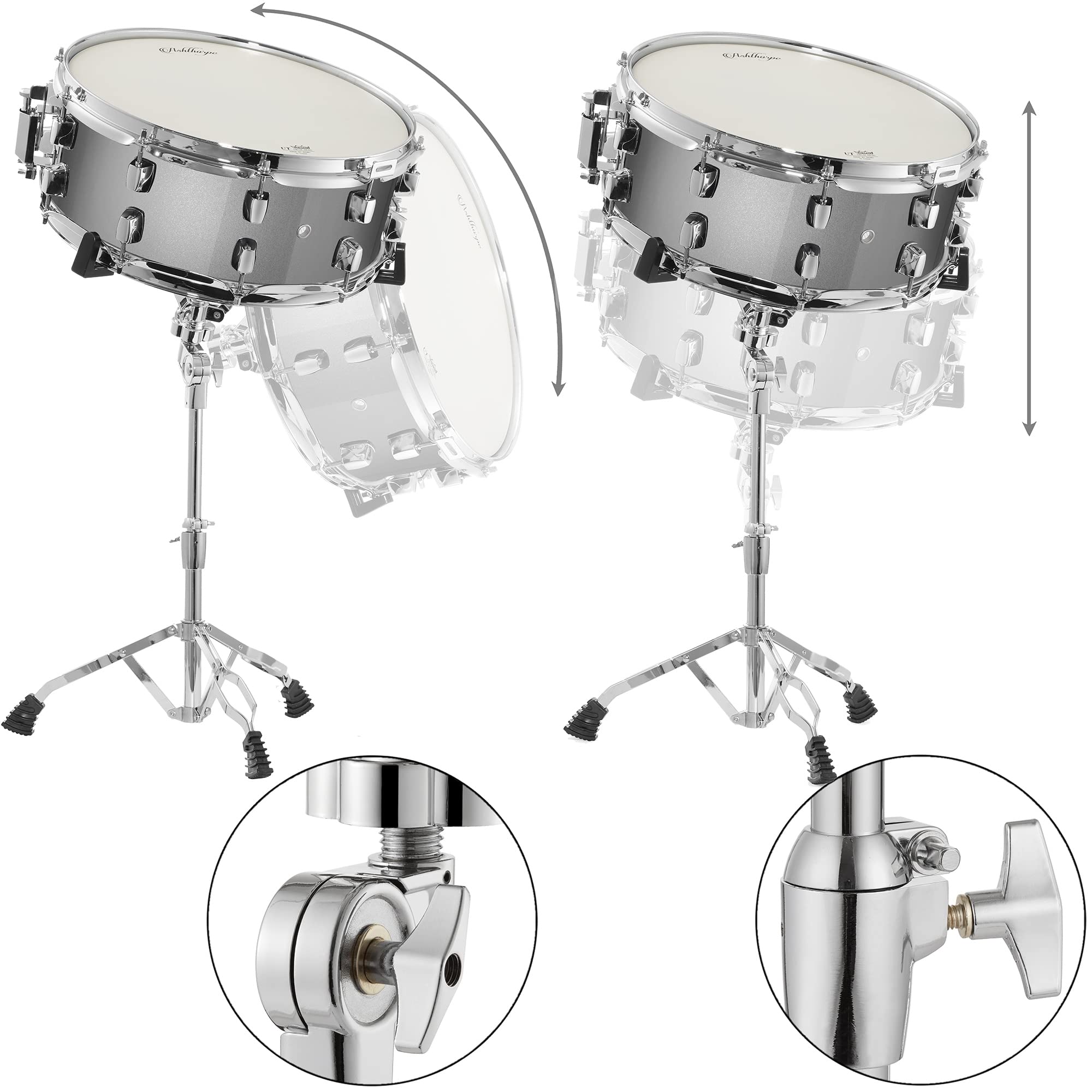 Ashthorpe Snare Drum Set with Remo Head (Silver) - Student Beginner Kit with Stand, Padded Gig Bag, Practice Pad, Neck Strap, and Sticks