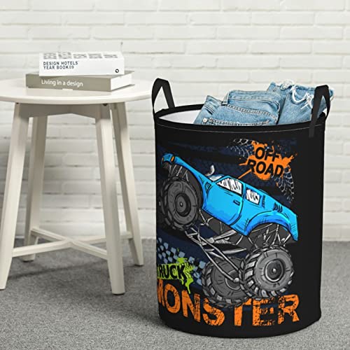 Gbuzozie Monster Truck Print Round Laundry Hamper Storage Basket Toys Clothes Organizer Bin For Home Bathroom Bedroom Dorm Nursery, 38l