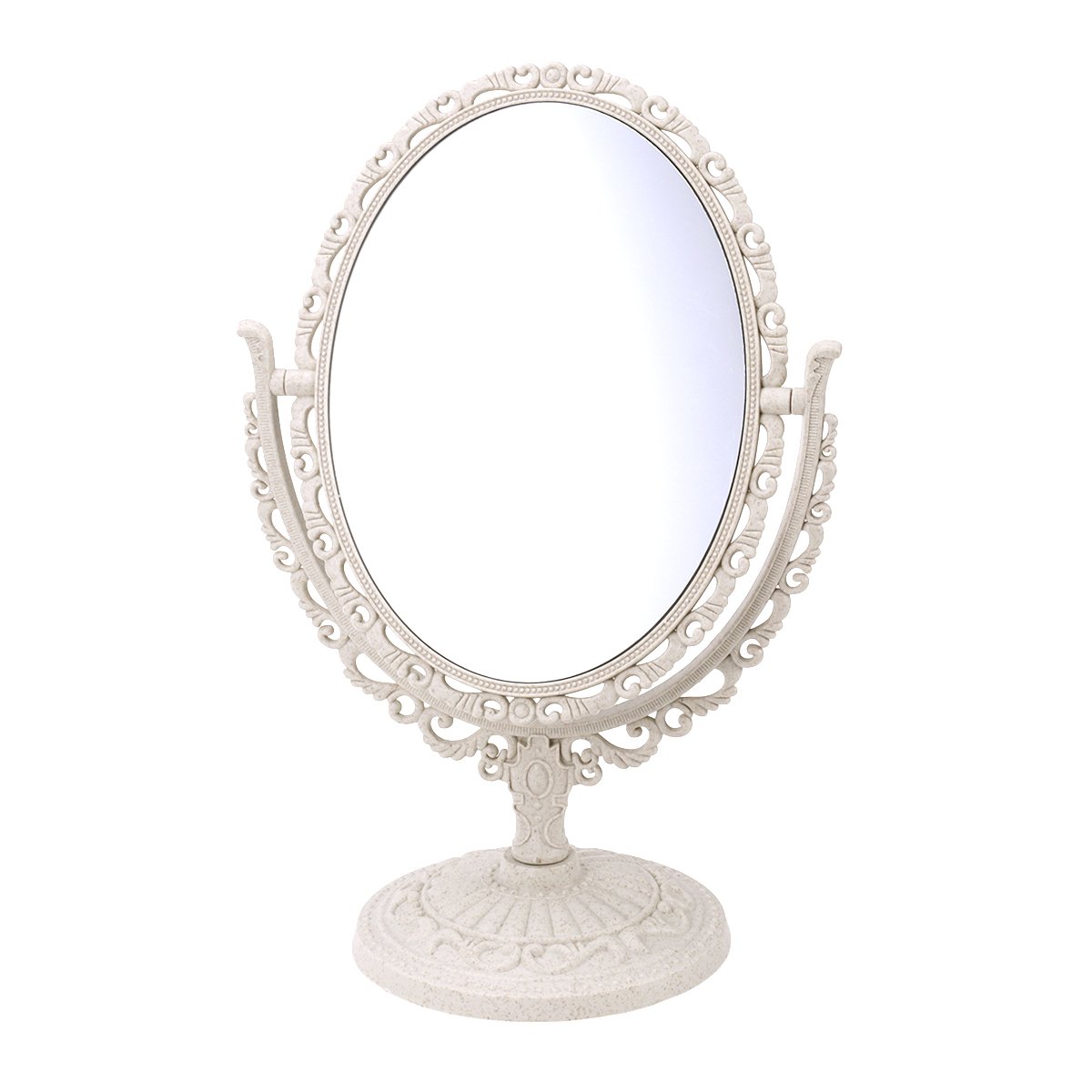 FRCOLOR Tabletop Makeup Mirror Vintage Elegant Double Sided Swivel Vanity Mirror Standing Mirror with Side of Magnification (Oval, Beige)