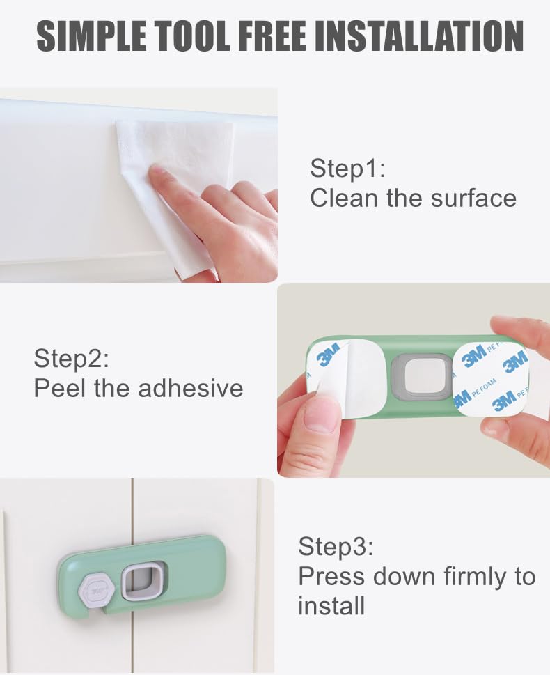 5 Pack Child Proof Refrigerator Lock, QYESWHSR Fridge Locks for Kids with Sticky Adhesive Pads, Child Safety Locks for Doors, RV Refrigerator, Oven Lock Child Safety Baby Cabinet Locks - Green Updated