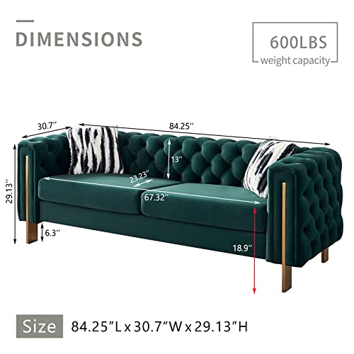 Akrenar Modern Sofa Couches for Living Room, 84 Inches Velvet Button Tufted Couch Upholstered Sofa with 2 Pillows and Metal Legs Decor Furniture for Bedroom, Office (Green)