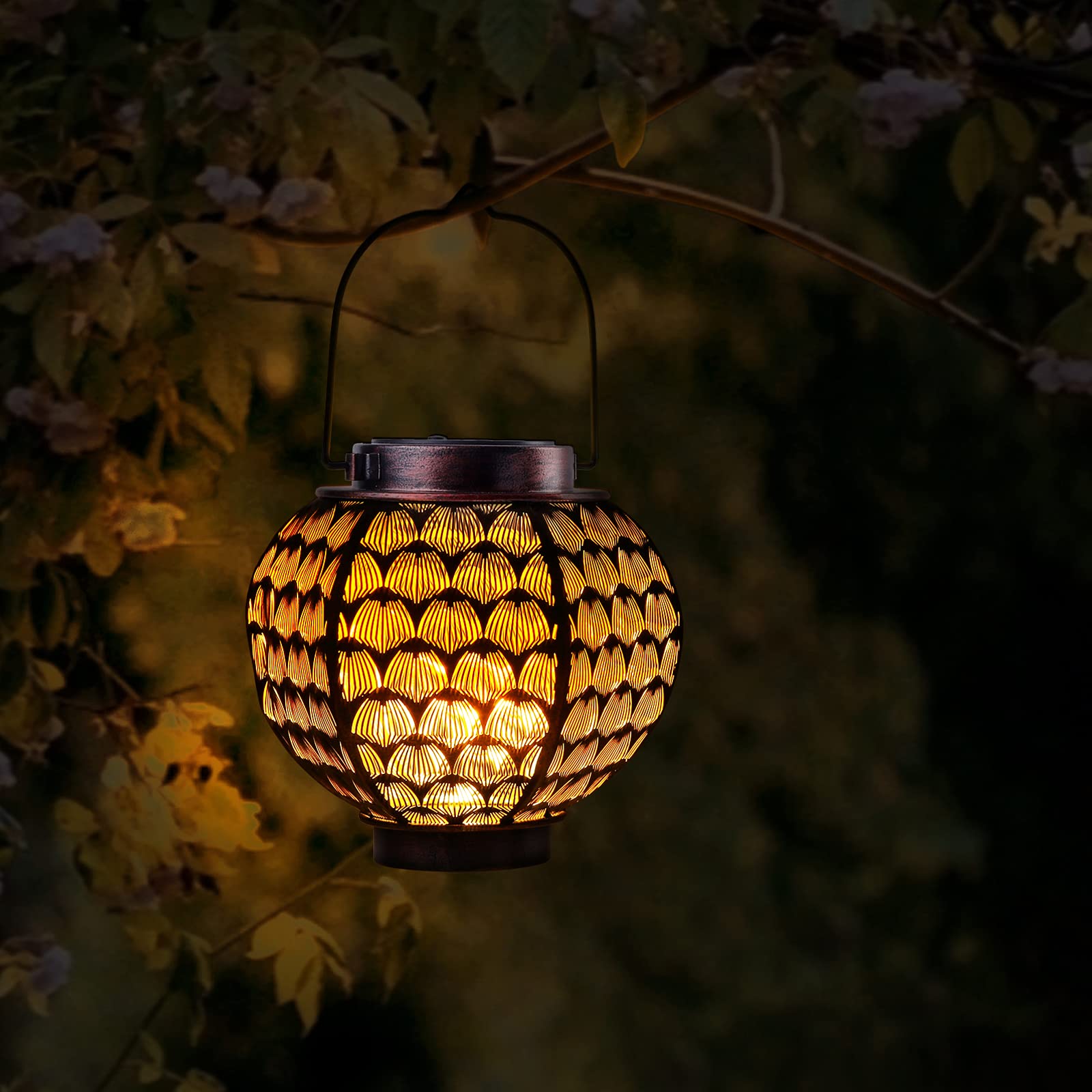 Bownew Outdoor Hanging Solar Lantern Outside Waterproof Metal Solar Powered Lights Decor for Garden Patio Deck Lawn Pathway Yard Porch Balcony Tabletop and Tree
