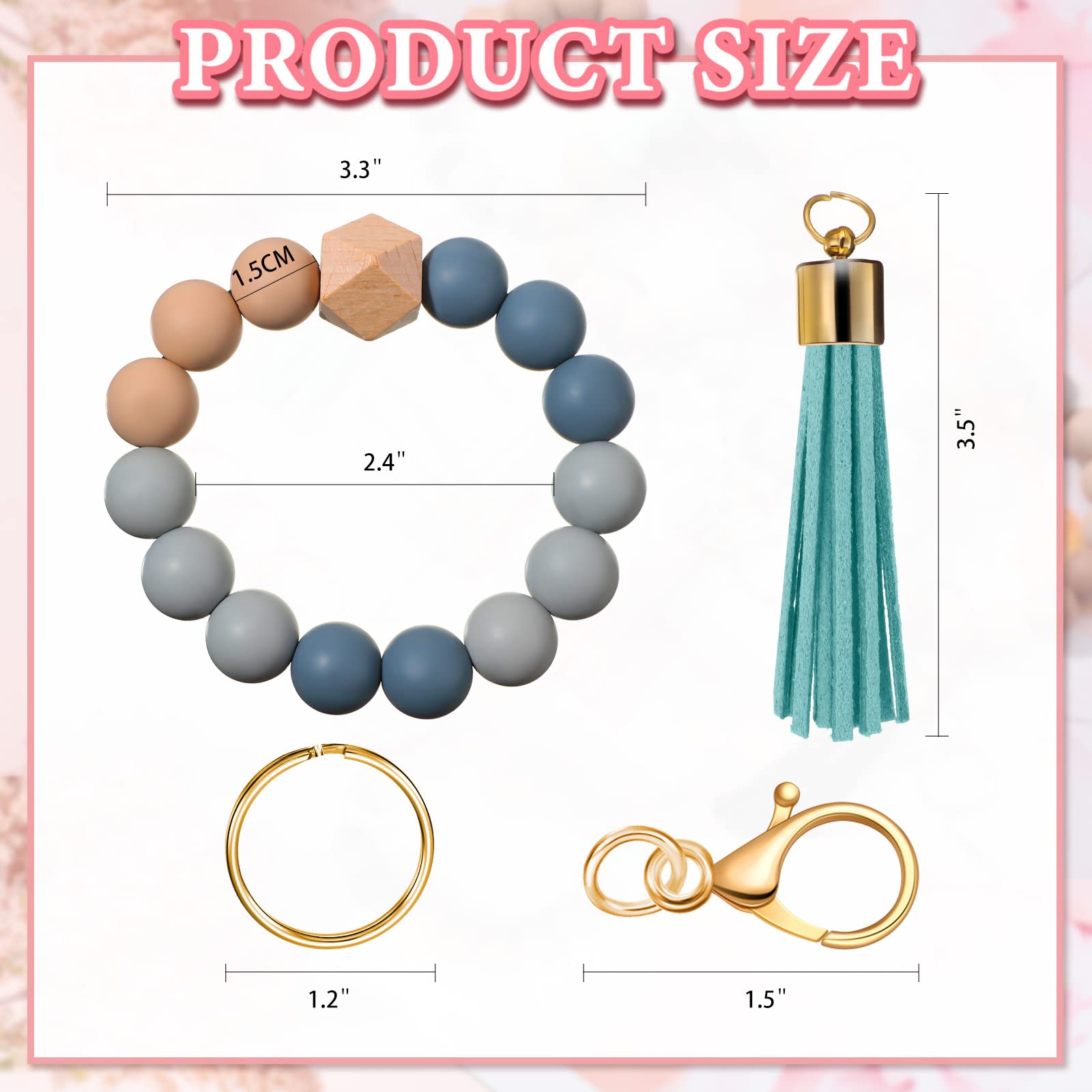 4 Pieces Silicone Key Ring Bracelet Beaded Wrislet Keychain Circle Keychains for Women Round Keychain Bracelet Portable Car Key Holder Stretchy Bangle Keychain with Leather Tassel for Unisex Adults