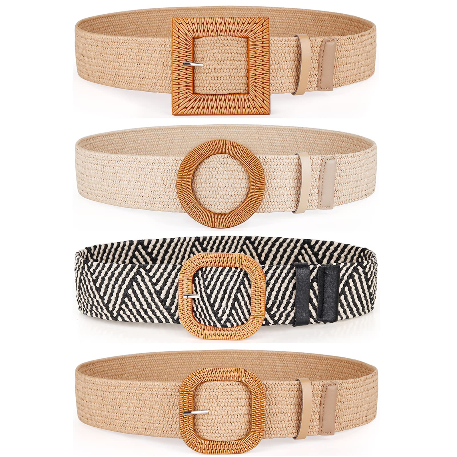 4 Pack Woven Straw Raffia Belts for Women Dress Elastic Stretch Rattan Waist Wide Band
