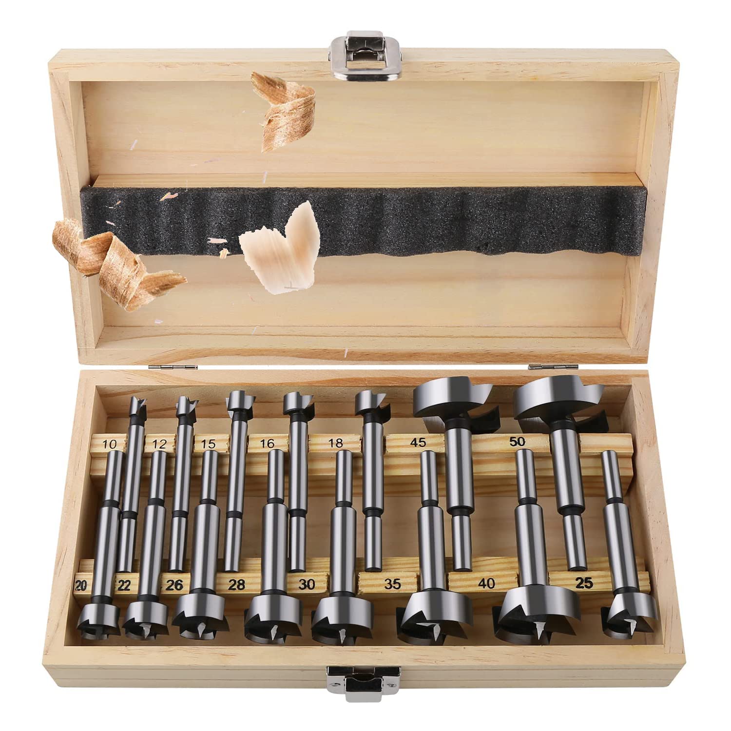 uyoyous Forstner Drill Bit 15 Pcs 2/5 to 2 Inch Carbon Steel Wood Drill Press Woodworking Hole Saw Set Wood Cutter Auger Opener Round Shank Drilling Cutting Tool in Wooden Box Storage (Metric 10-50mm)