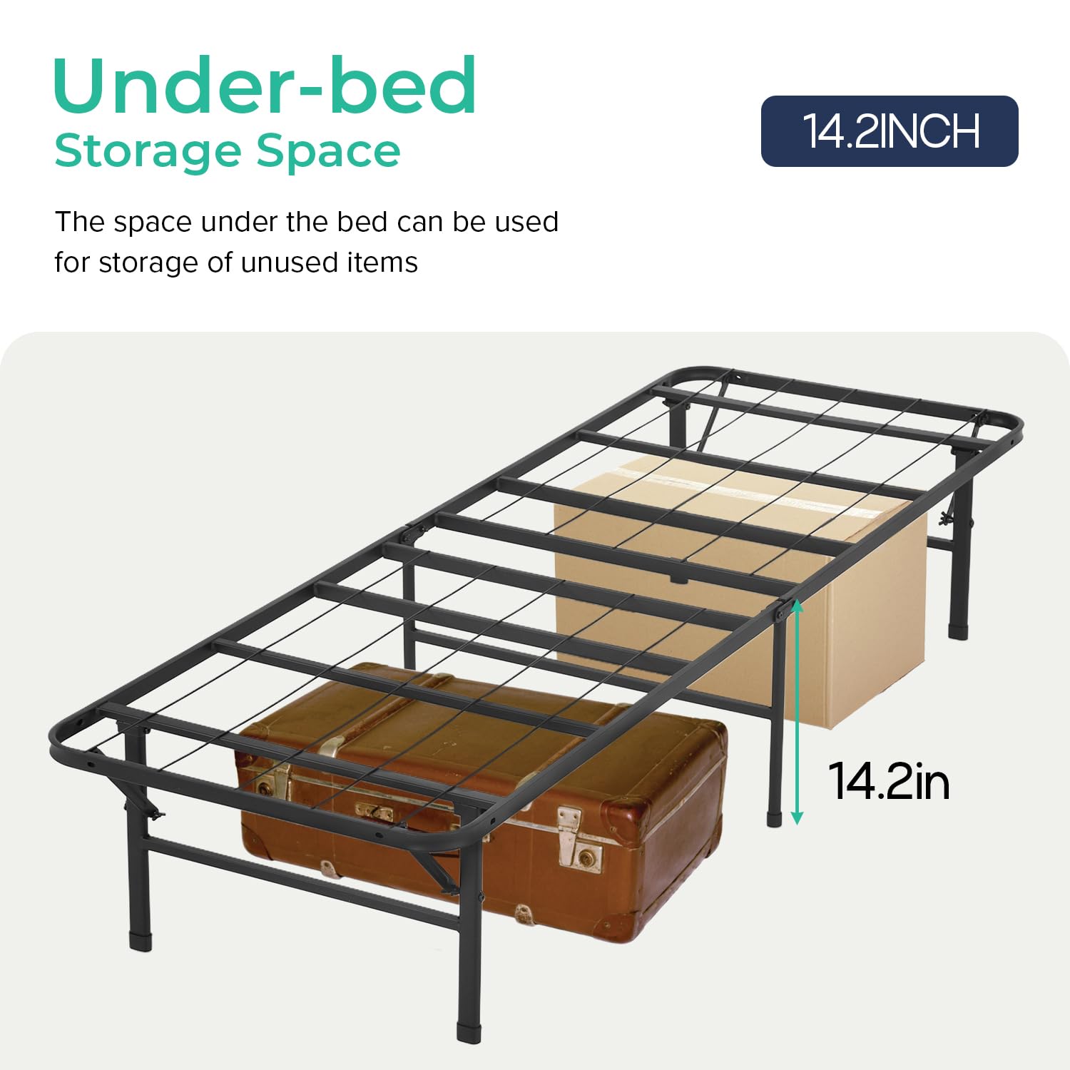 Bed Frame, Foldable Metal Platform Bed Frame Mattress Foundation Box Spring Replacement Heavy Duty Steel Slat Classic Metal for Home, Office, 14 Inch High, Black, Twin
