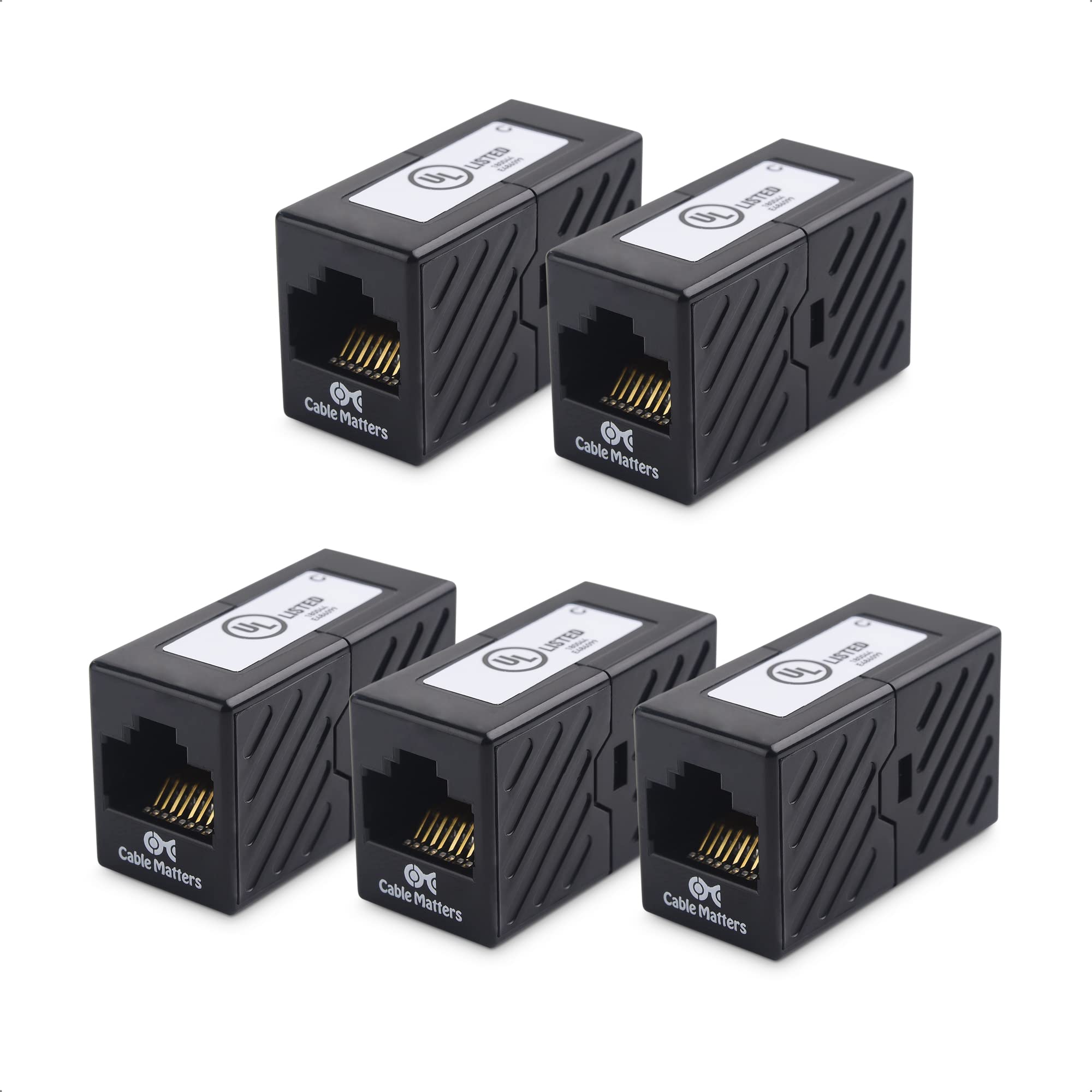 Cable Matters [UL Listed] 5-Pack 10Gbps Cat 6 Ethernet Coupler (RJ45 Coupler, Cat6 Coupler, Ethernet Extender Adapter) in Black, Compatible with Cat6A, Cat5e