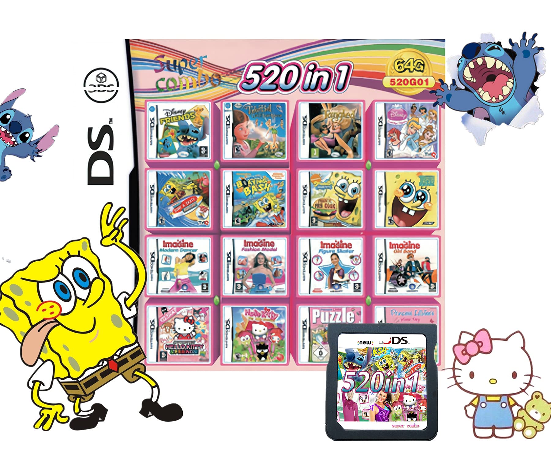 520 In 1 NDS Game Pack Card Compilations, Super Combo Multicart DS Game Card for Nintendo DS, NDSL, New 3DS, 2DS, New 2DS, NDSi, NDSi LL/XL, 3DS, 3DSLL/XL