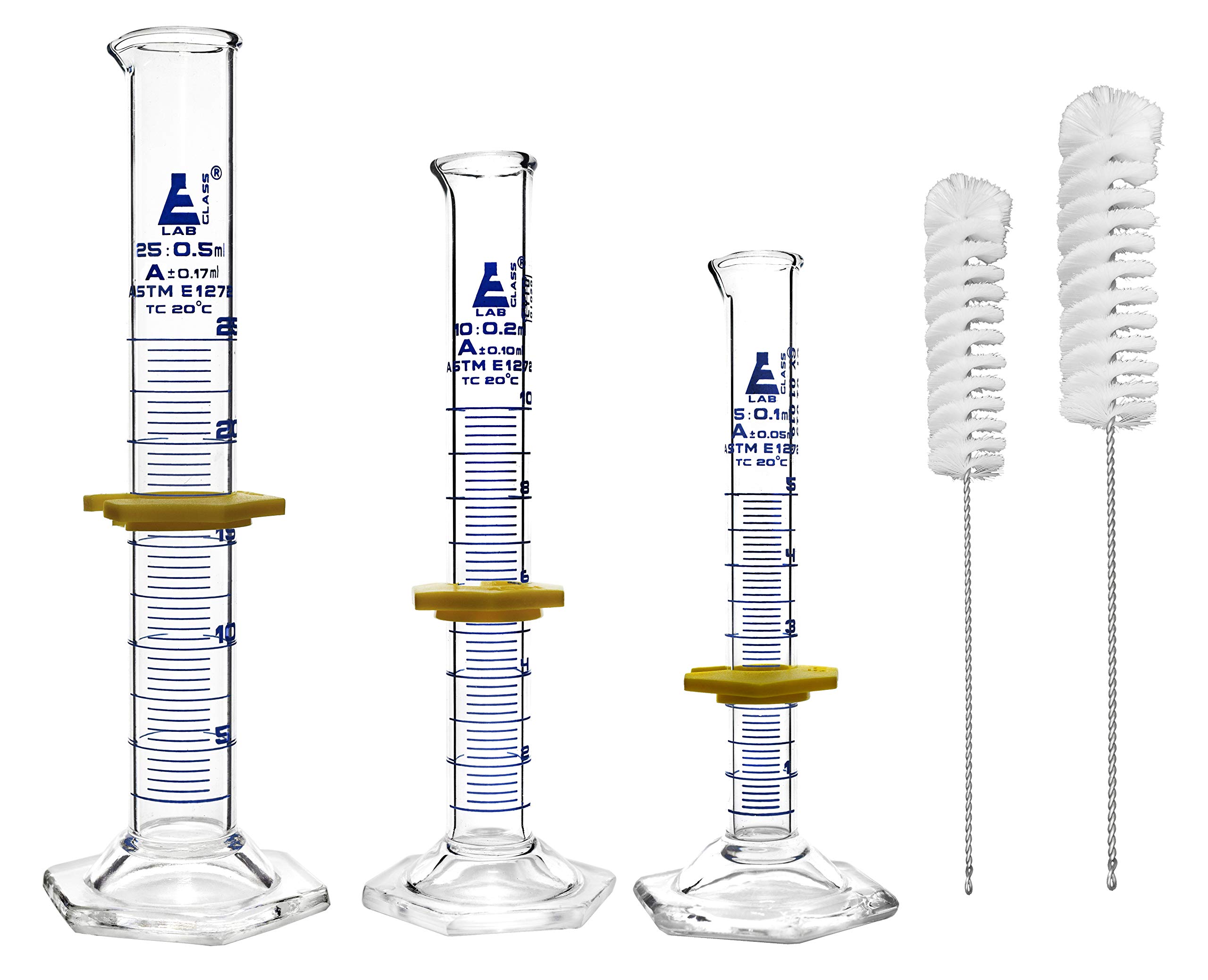 EISCO Graduated Cylinders & Cleaning Brushes - 5 Piece Set - ASTM, Class A - 5mL, 10mL, 25mL - Blue Graduations - 2 Nylon Bristle Brushes - Borosilicate 3.3 Glass