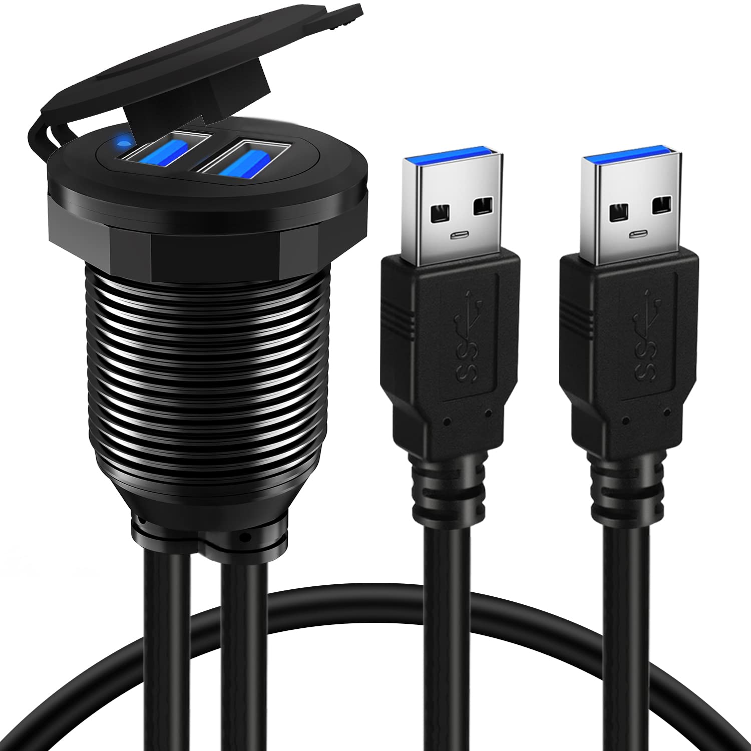 BATIGE Alloy Dual Port USB 3.0 Car Dashboard Flush Mount Cable, Male to Female with LED Indicator Extension Cable for Car Truck Boat Motorcycle Dashboard Panel - 3ft