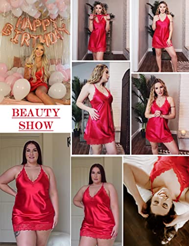 Avidlove Women Lingerie Satin Lace Chemise Nightgown Sexy Full Slips Sleepwear (Medium, 1Red)