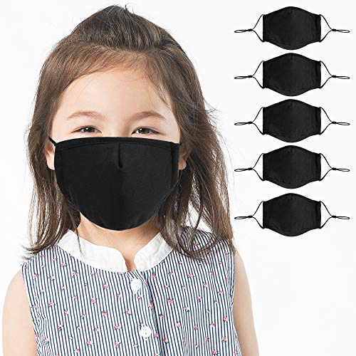5 Pack Kids Reusable, Washable Black Facial Cotton Covering Children for Cycling Travel Outdoors Includes 10Pcs Filters
