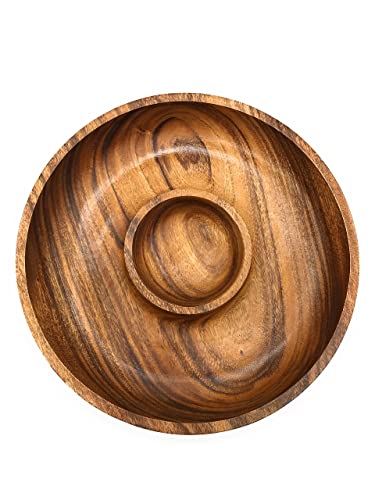 Handcracfted Acacia Wood Chip and Dip Specialty Salsa Bowl Plate Tray 10' D x 1.5" Thick